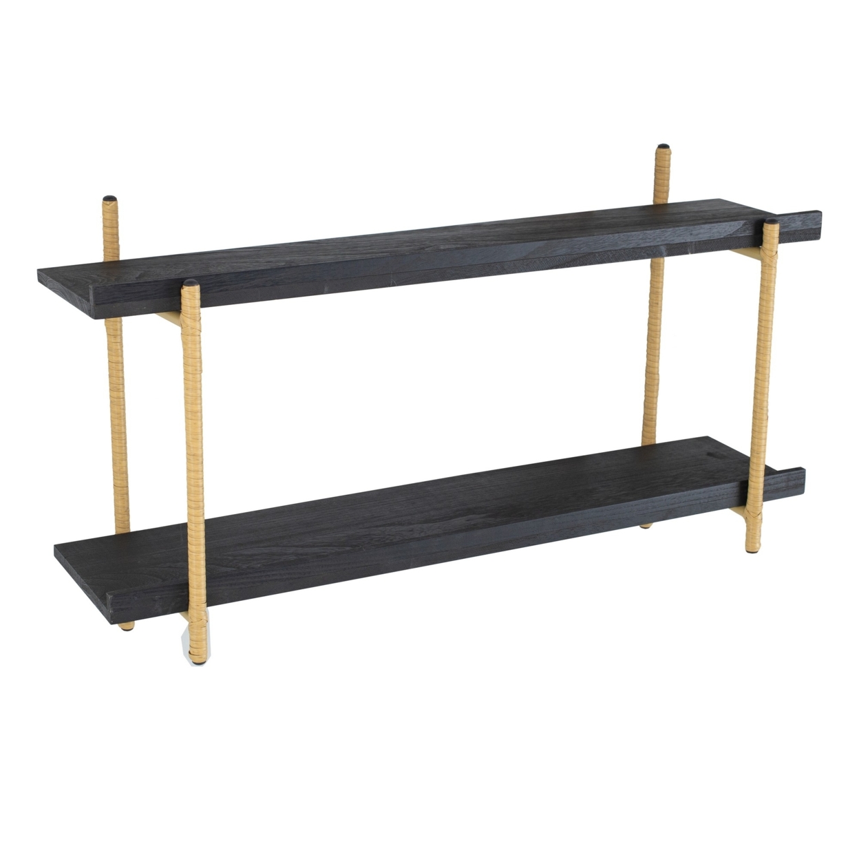 36 Inch Modern Wood Two Tier Shelf, Rattan Braiding, Black, Gold ...
