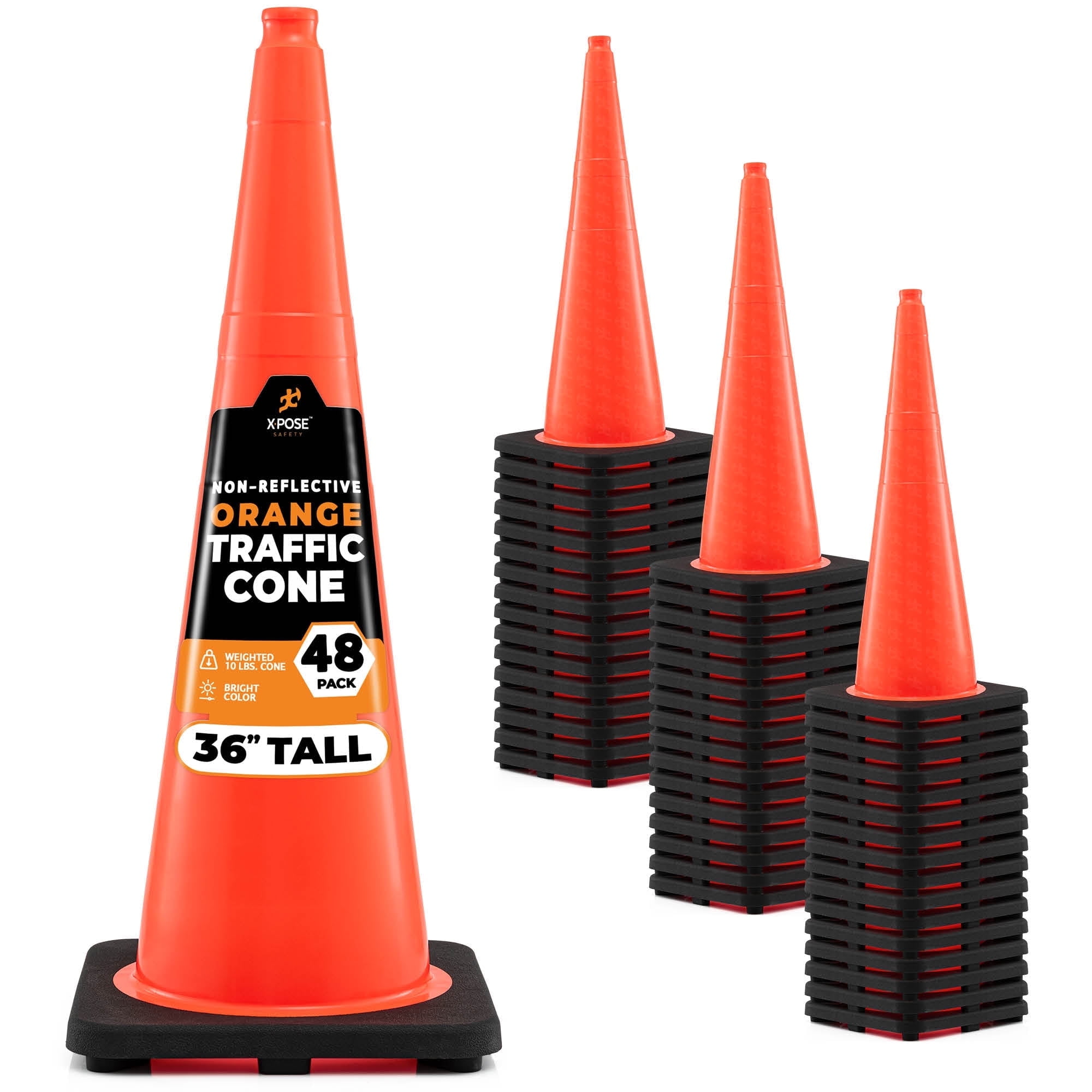 36 Inch Orange Traffic Cones, 48-Pack - Multipurpose PVC Plastic Safety ...