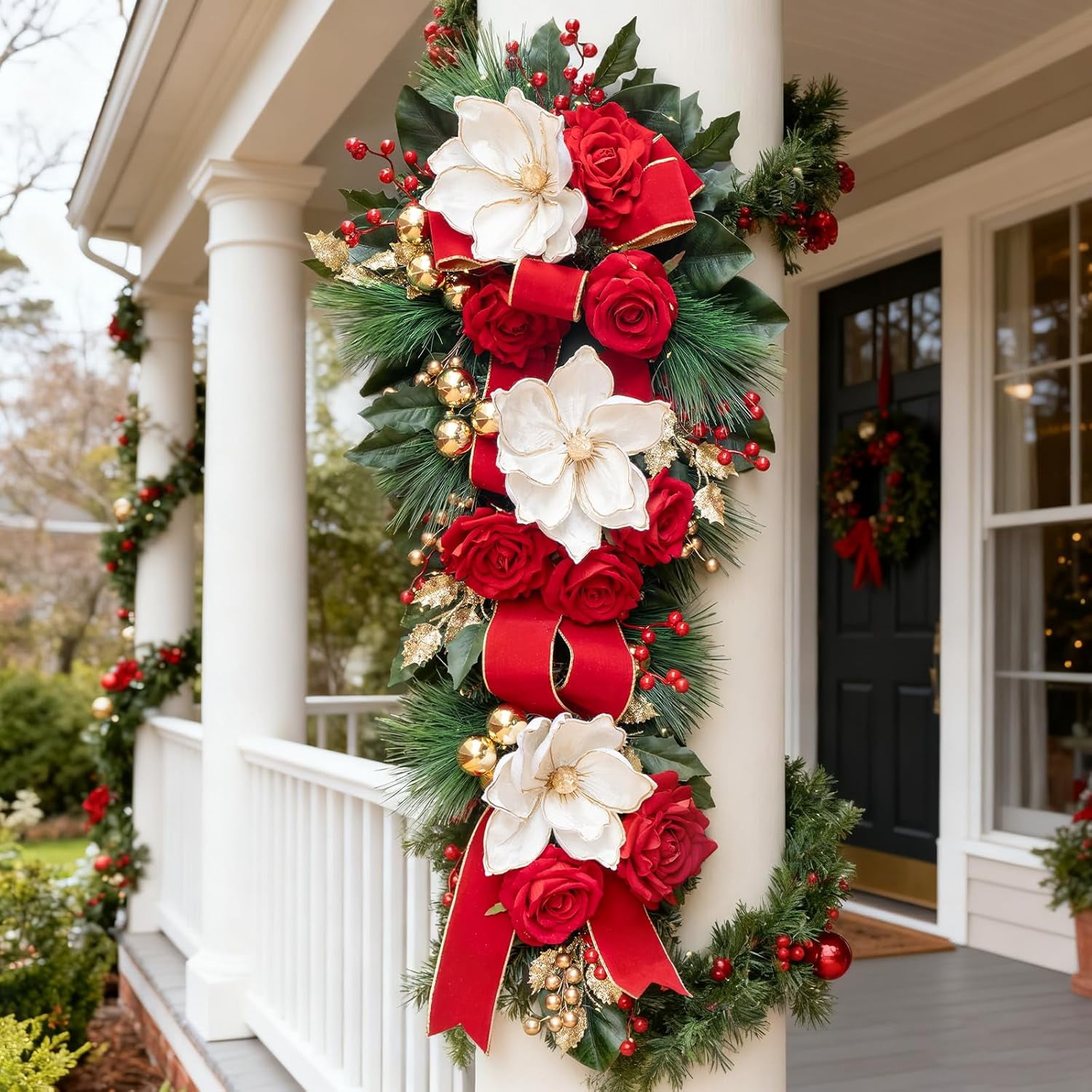 36 Inch Pre-Lit Christmas Teardrop Swag with White Magnolia, Red Bow ...