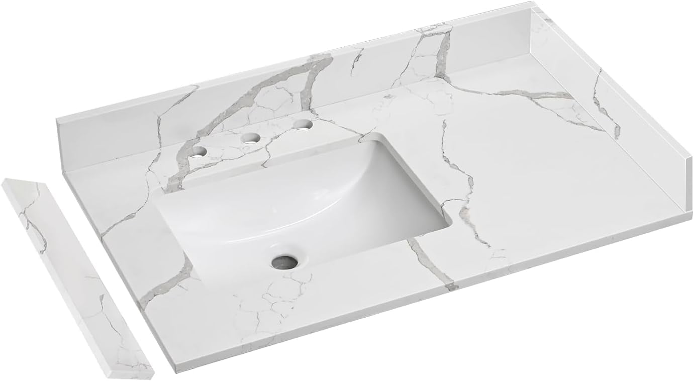 36 Inch Quartz Vanity Top,White Countertop with Undermount Left Sink ...