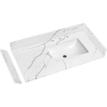 White Sintered Stone Vanity for Bathroom / 37-inch Wide, Pre-drilled ...