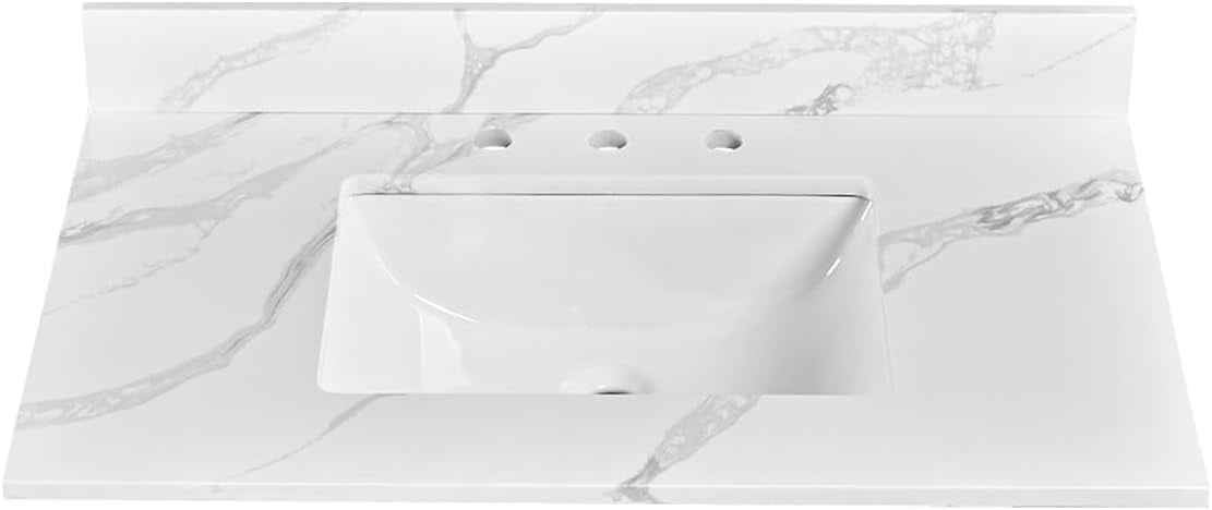 36 Inch Quartz Vanity Top , White Vanity Sink Top with Middle Sink, Pre ...