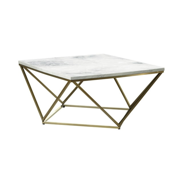 36 Inch Square Coffee Table, White Faux Marble Top, Gold Metal Angular ...