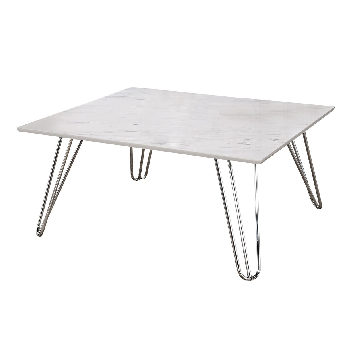 36 Inch Square Coffee Table with White Faux Marble Top Chrome Hairpin ...