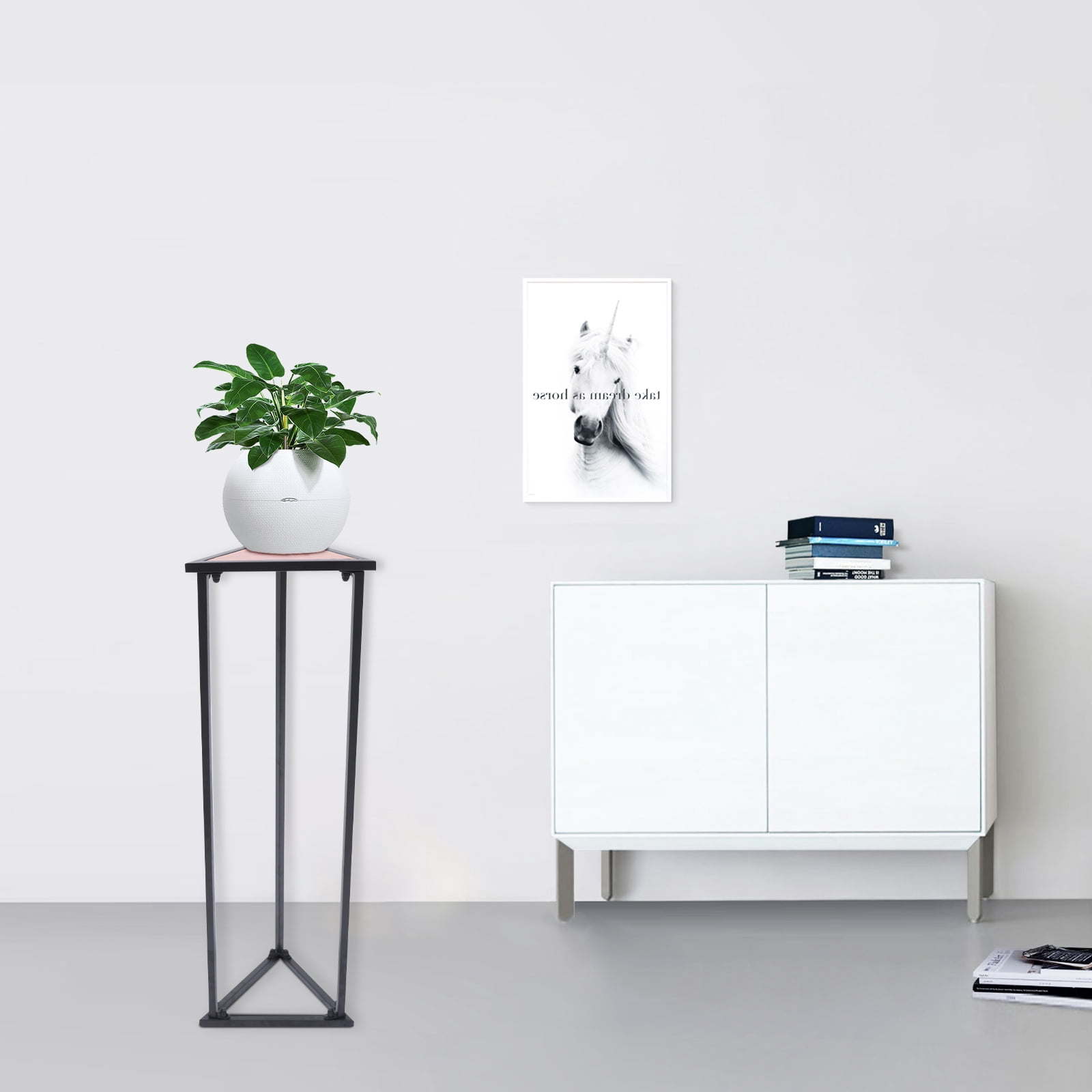 36 Inch Triangular Plant Stand - Modern Torched Wood and Black Metal ...