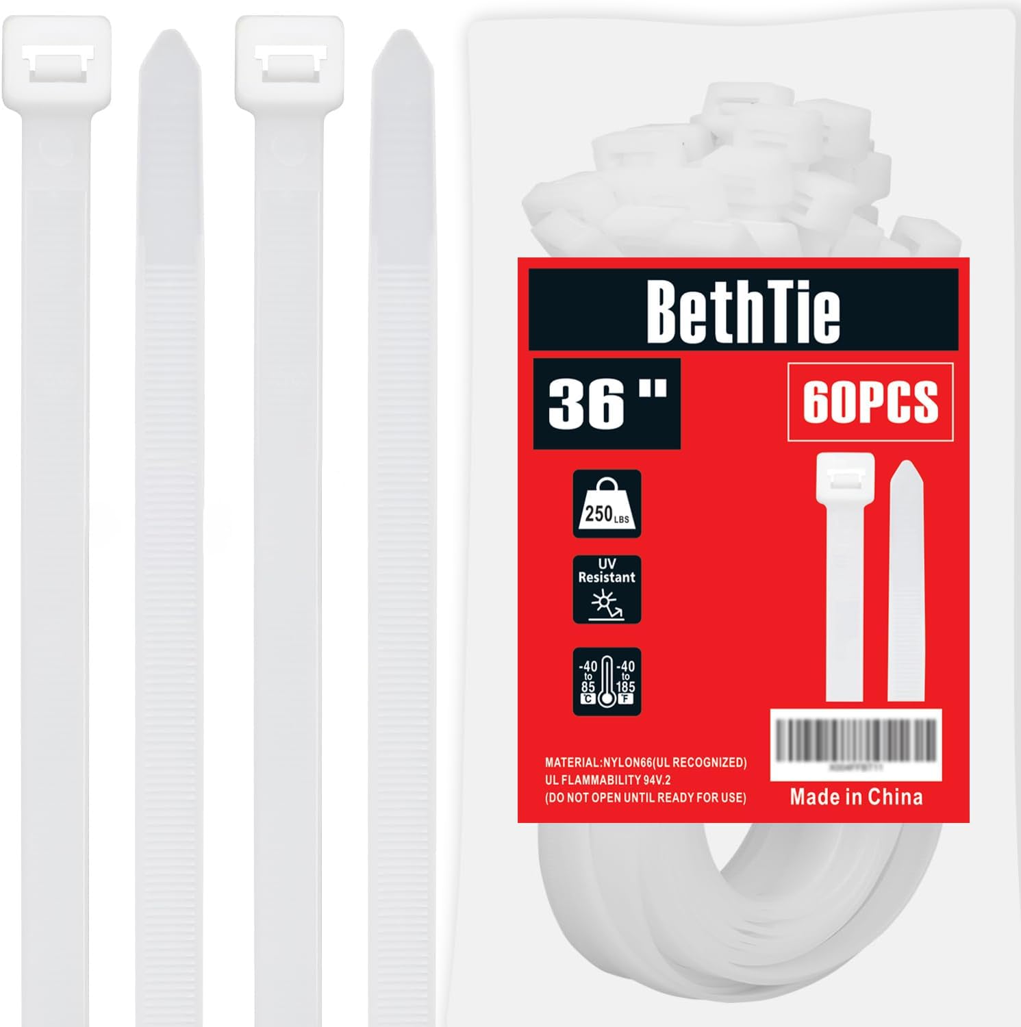 36 Inch White Large Zip Ties Heavy Duty 60 Pack, 250 LBS Ultra Strong ...