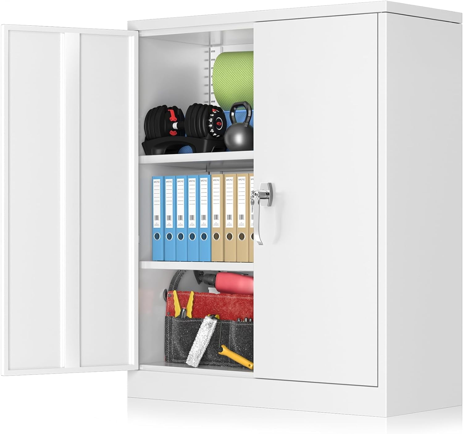36 Inch White Metal Storage Cabinet, Lockable Garage Cabinet with 2 ...