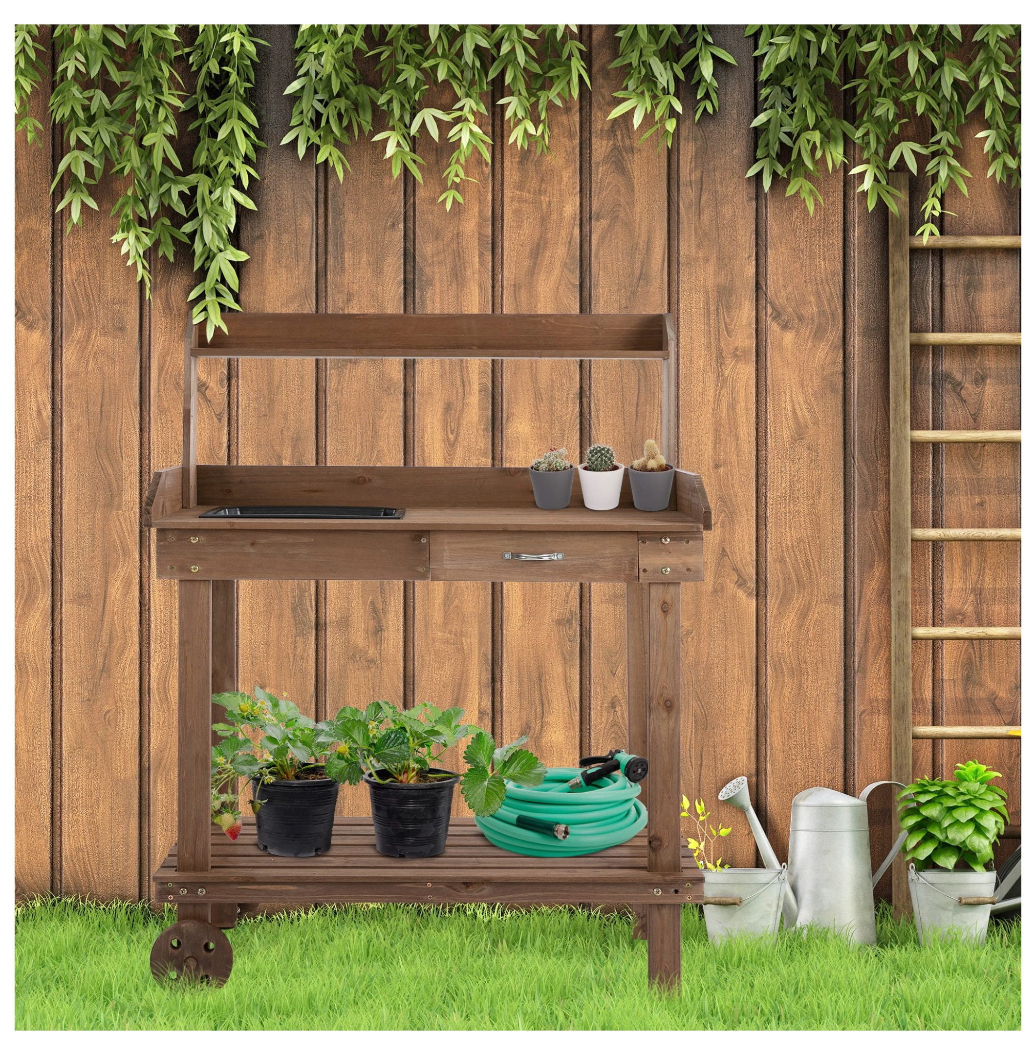 36 Inch Wooden Potting Bench Outdoor Work Table with Wheels, Sink ...