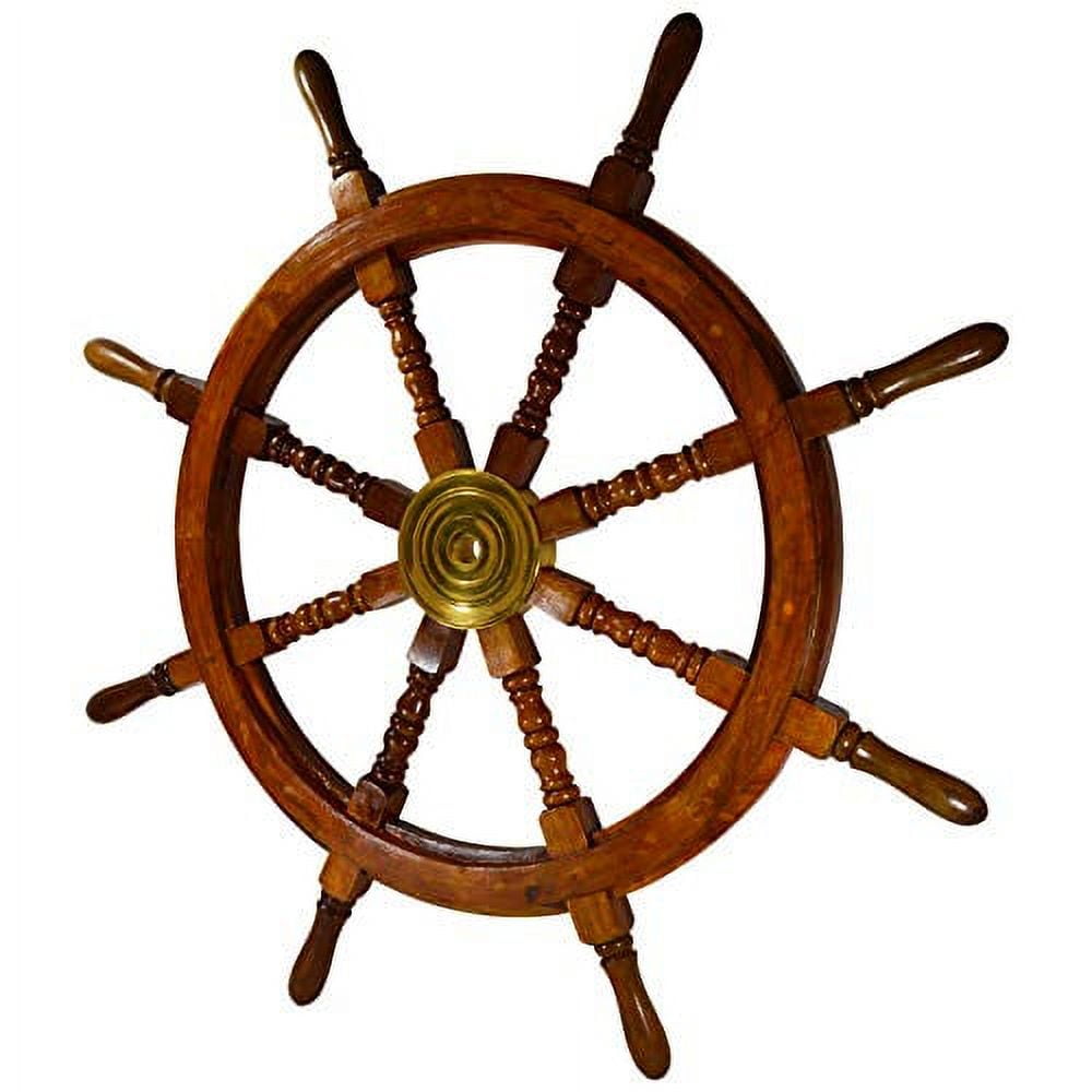 36 Inch Wooden Ship Wheel Wall Decoration with Brass Center Hub, Turned ...