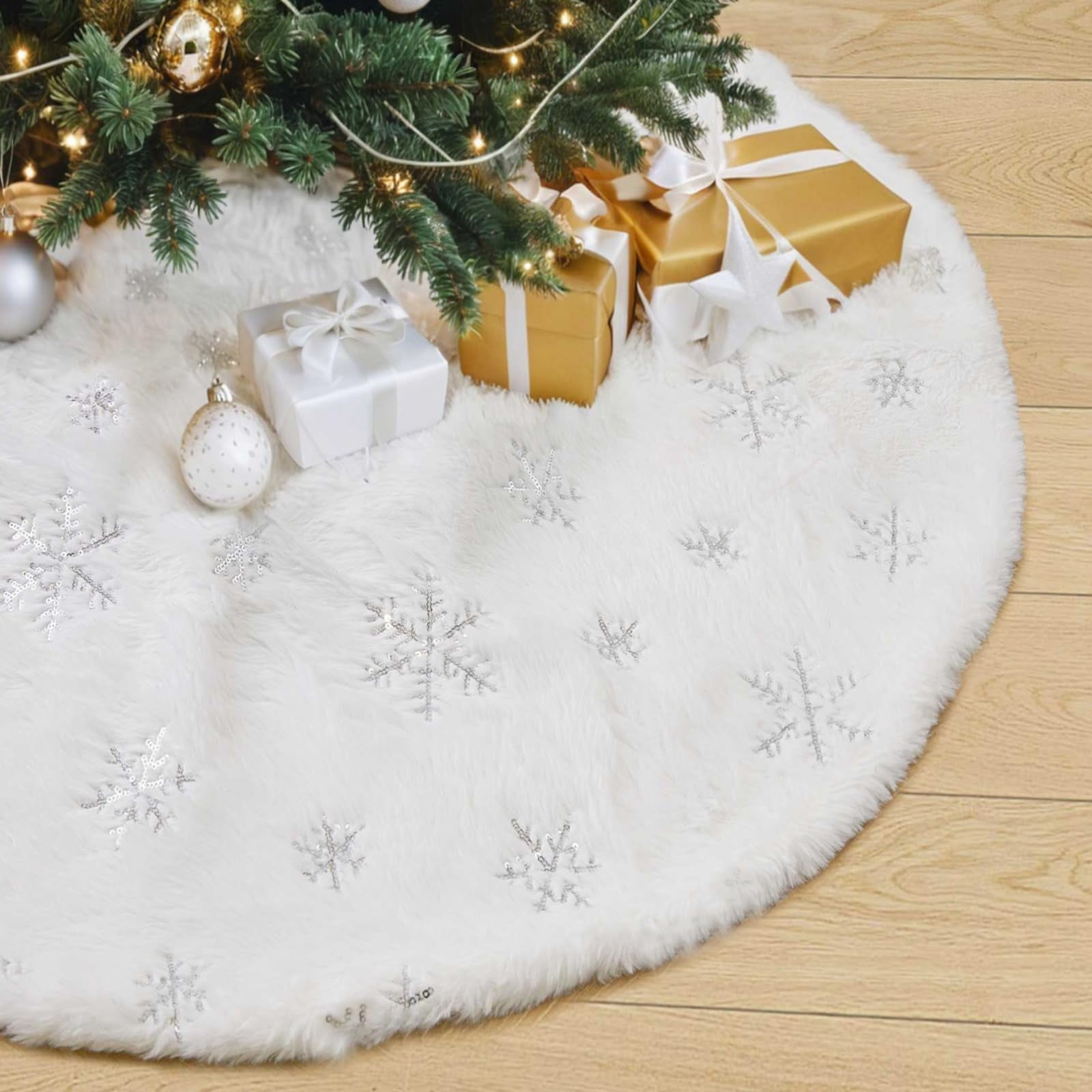 36 Inches Faux Fur Christmas Tree Skirts Silver Sequin Snowflakes Tree ...
