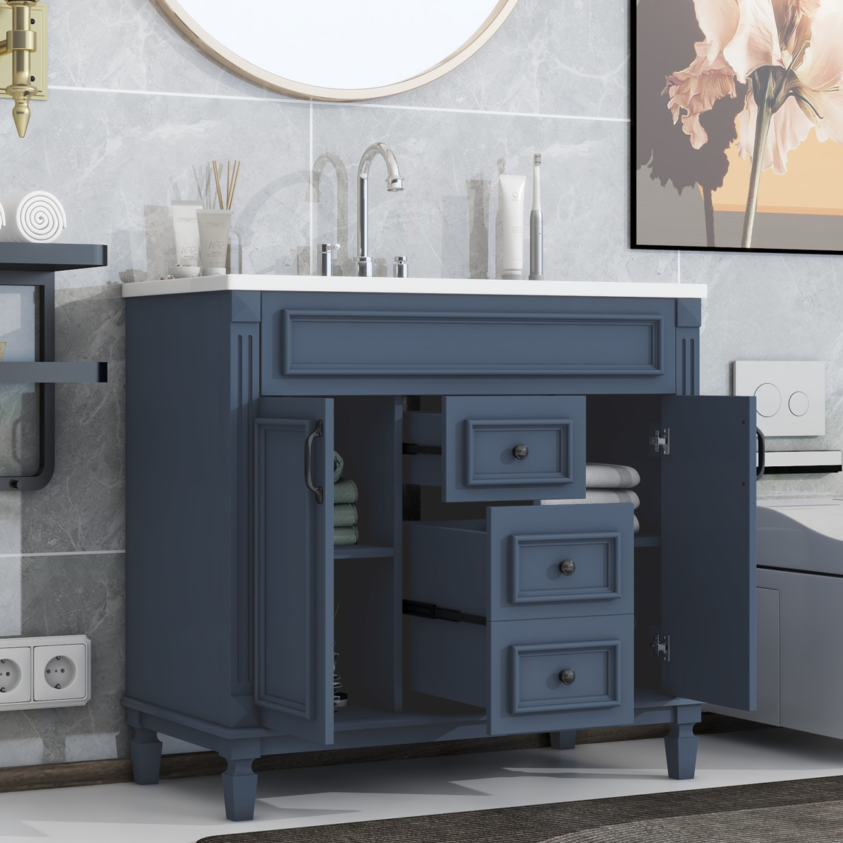 36 Inches Freestanding Bathroom Vanity with 3 Drawers Shelf and Metal ...