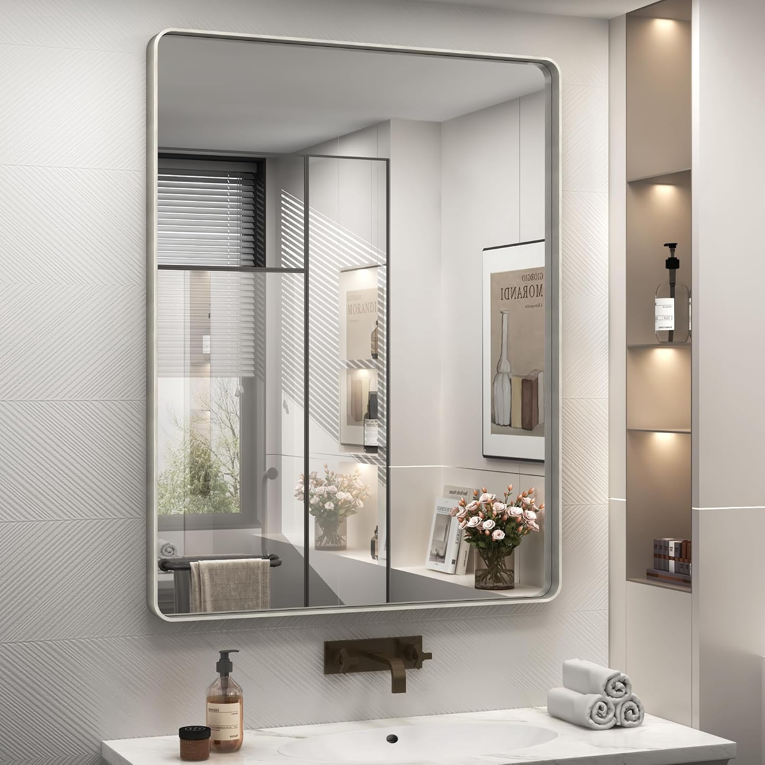 36"L x 28"W Silver Bathroom Mirror with Brushed Metal Frame Rounded ...