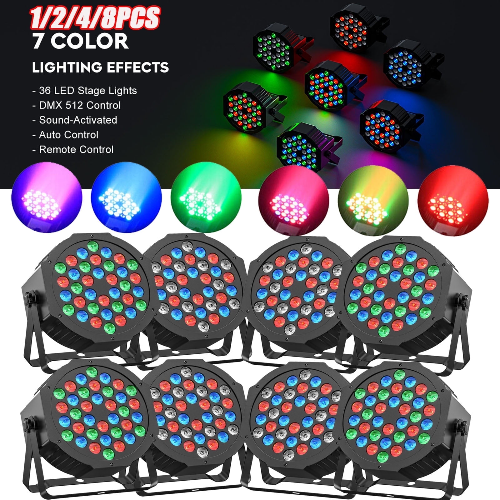 36 LED Stage Lights,8 Pack RGB DJ Par Light w/ Remote & DMX Controlled ...