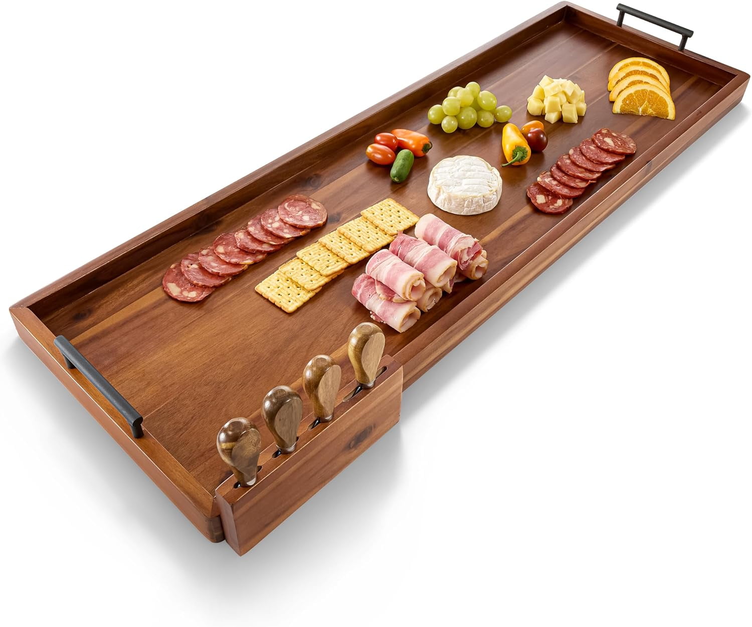 36" Large Tray with Handles & 4 Knives Set - Extra Long Wooden Serving ...