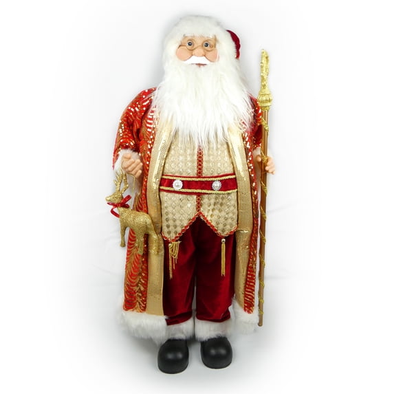 36” Lifelike Santa with Reindeer Ornament and Staff – Red robe & cap ...