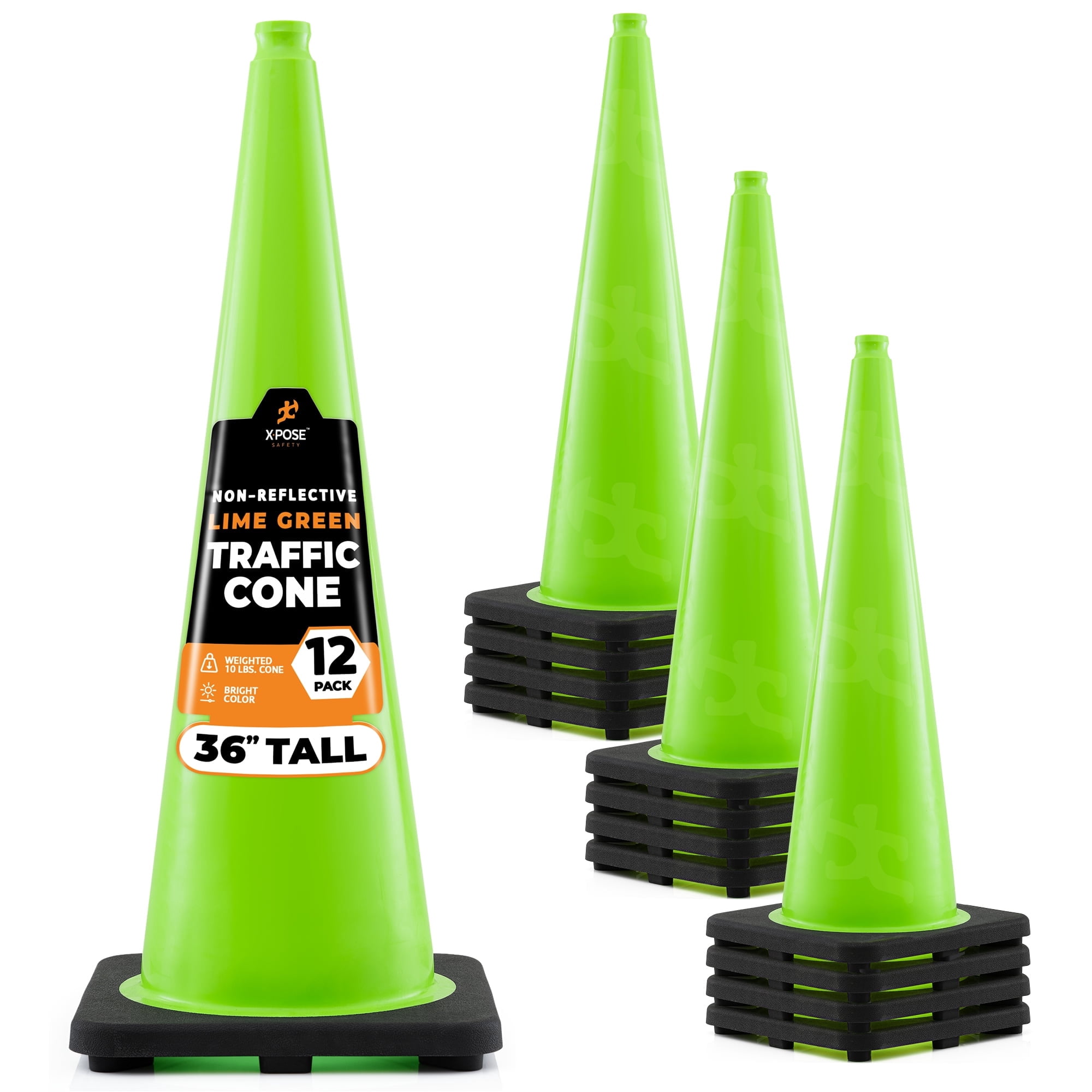 36” Lime Green Traffic Cone - 12 Pack - Premium PVC Safety Cone for ...