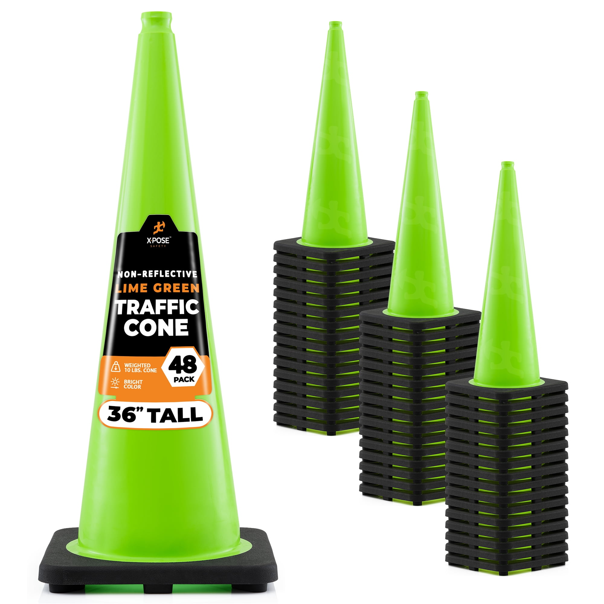 36” Lime Green Traffic Cone - 48 Pack - Premium PVC Safety Cone for Parking, Caution ...