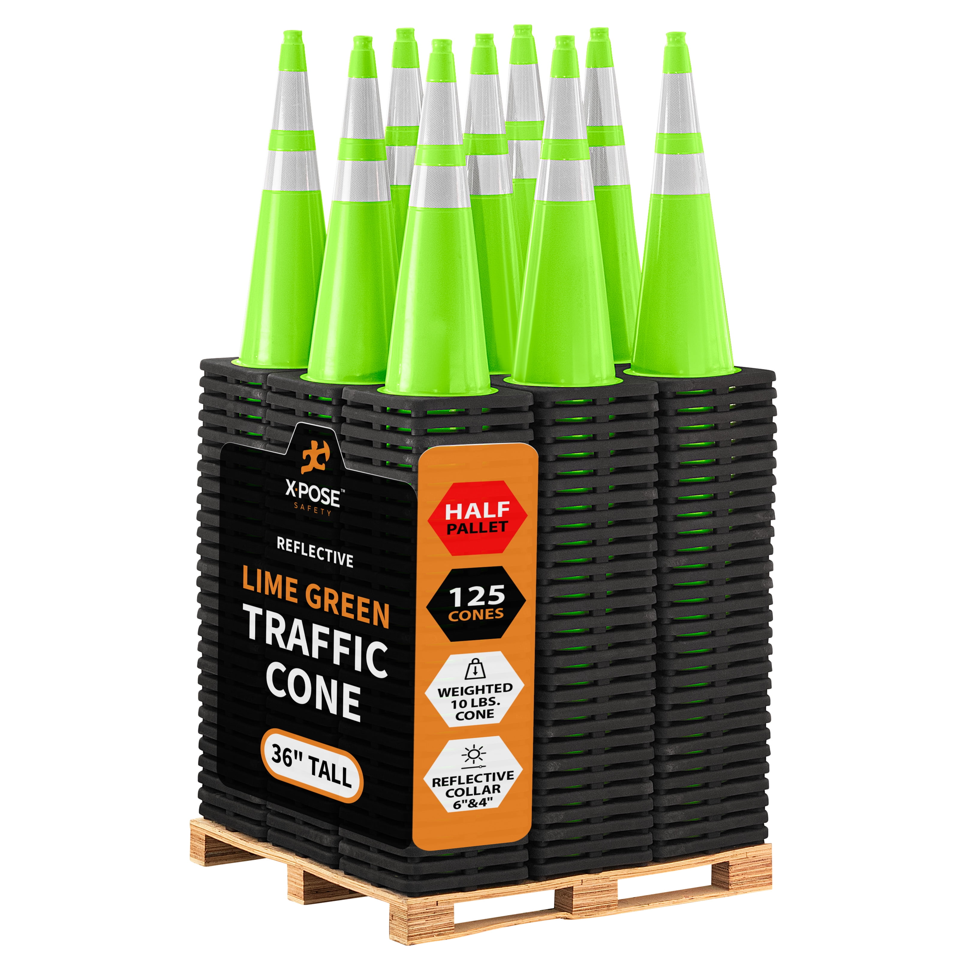 36” Lime Green Traffic Cone - Dual 6" & 4" Reflective Collar – 125 ...