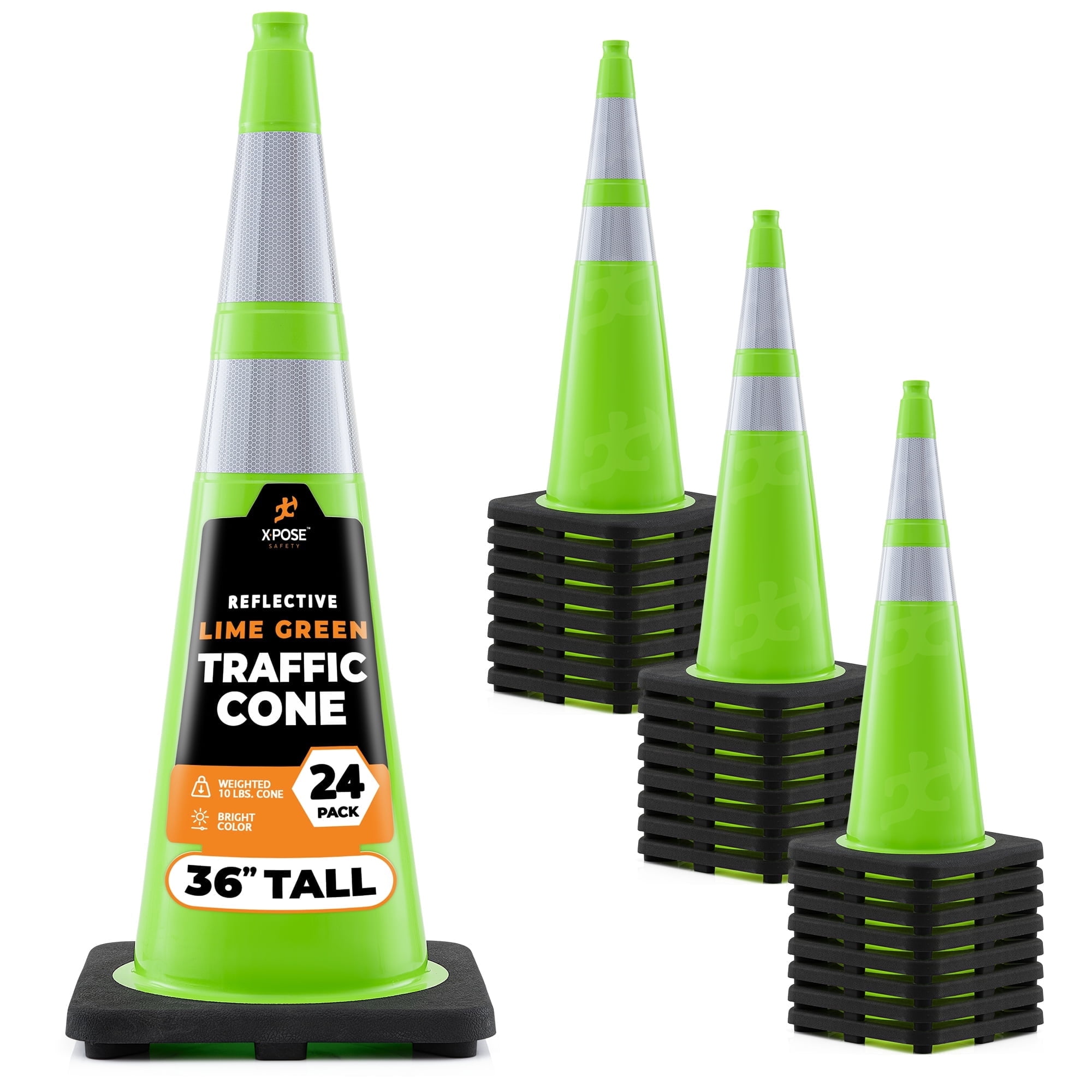 36” Lime Green Traffic Cone - Dual 6" & 4" Reflective Collar – 24 Pack ...