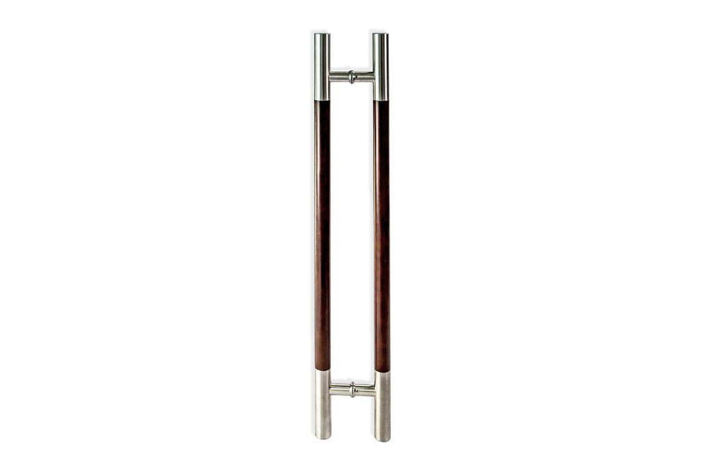 36" Long Stainless Steel Front Door Handles in Dark Mahogany Birch Wood ...