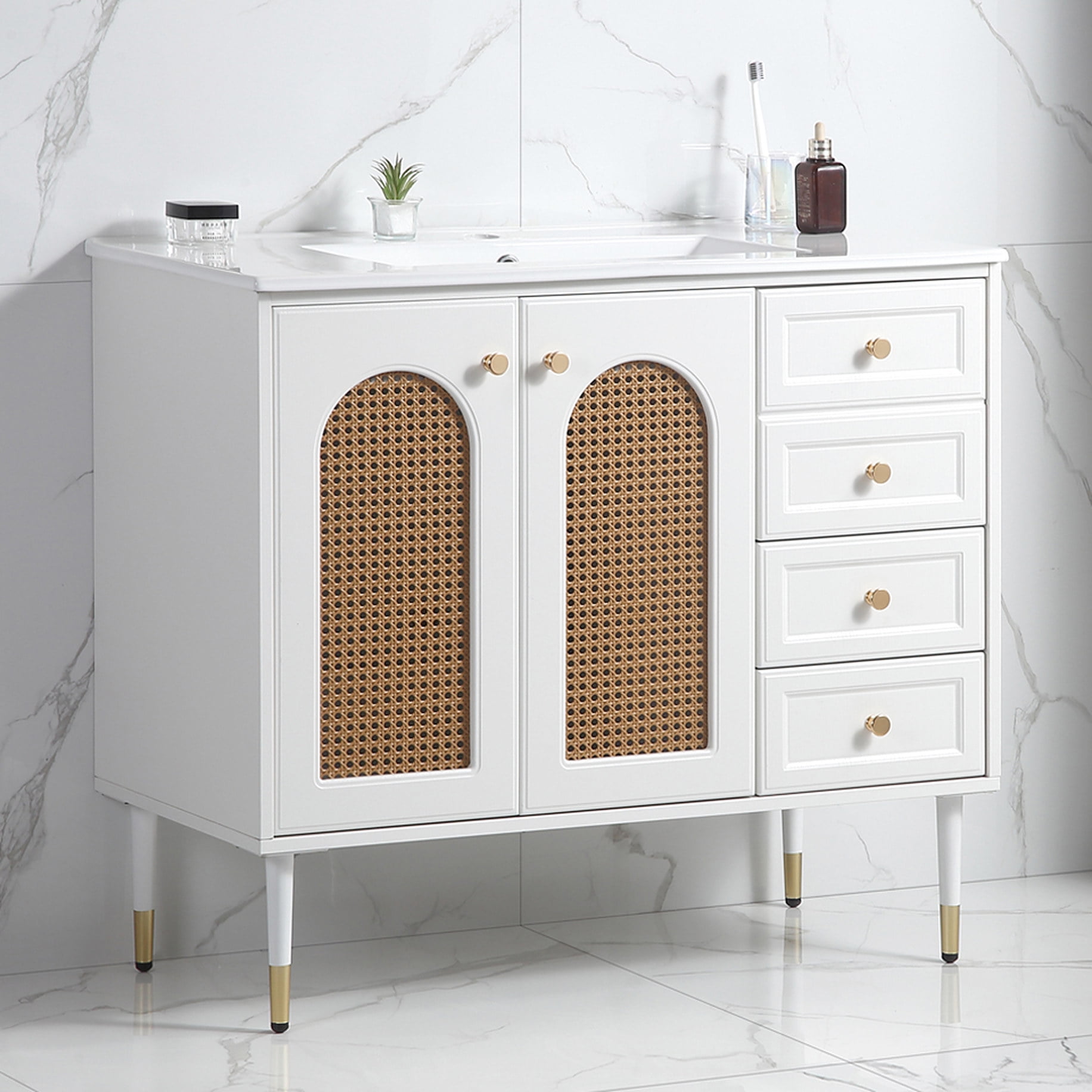 36" MDF and Rattan Vanity - Tapered Legs for Classic Style - Bathroom ...