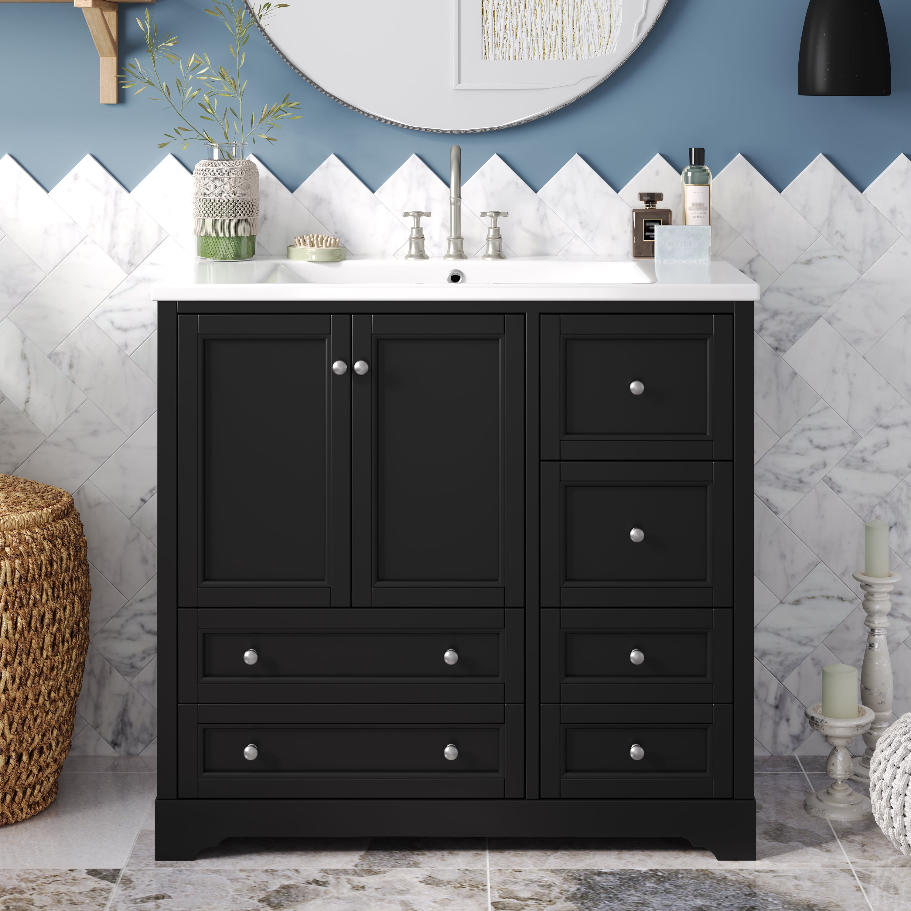 36" Modern Bathroom Vanity – Resin Sink & 4 Drawers – Soft-Close Doors ...