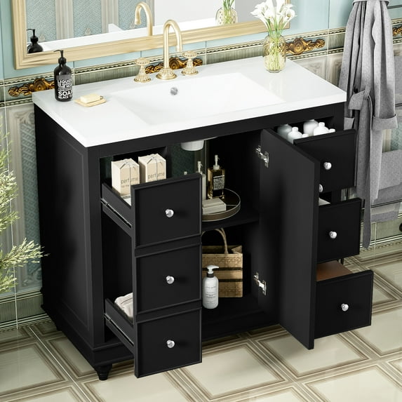 36" Modern Bathroom Vanity in Black - Multipurpose Storage, Adjustable ...