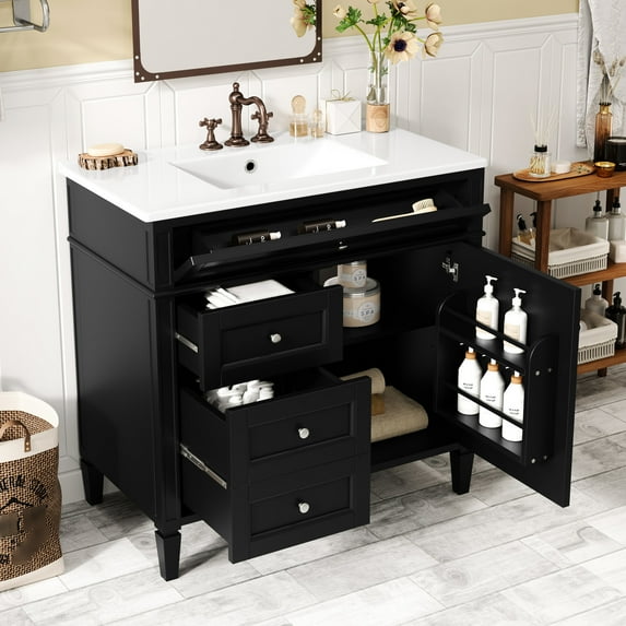 36'' Modern Black Bathroom Vanity with Sink and 3 Drawers | Multi ...