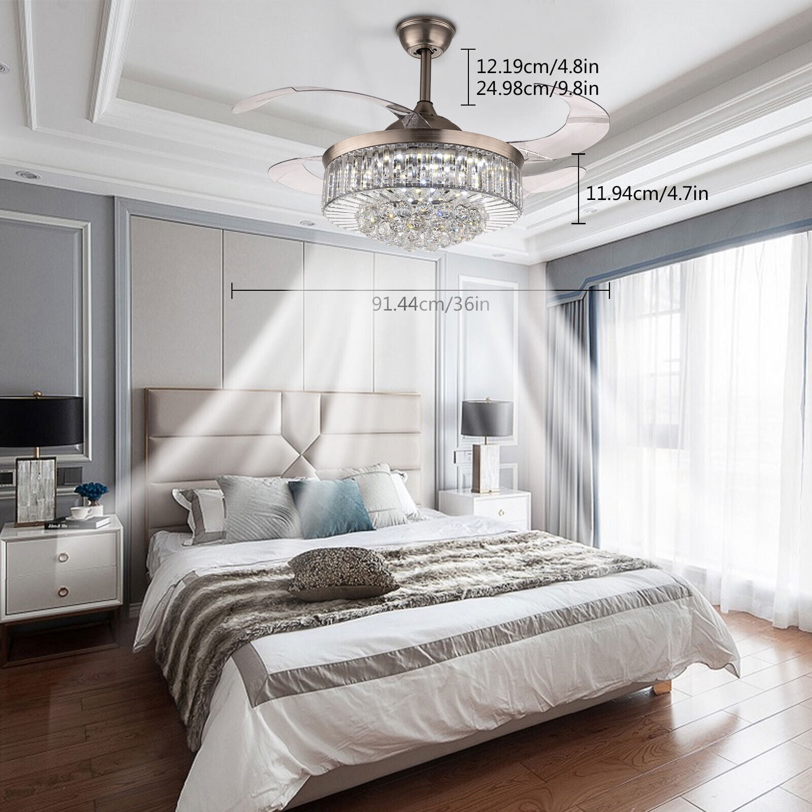 36"Modern Indoor Ceiling Fan With LED Light Crystal Ceiling light with ...