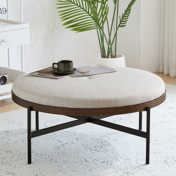 36'' Modern Round Cocktail Ottoman with Fabric Upholstery and Metal ...