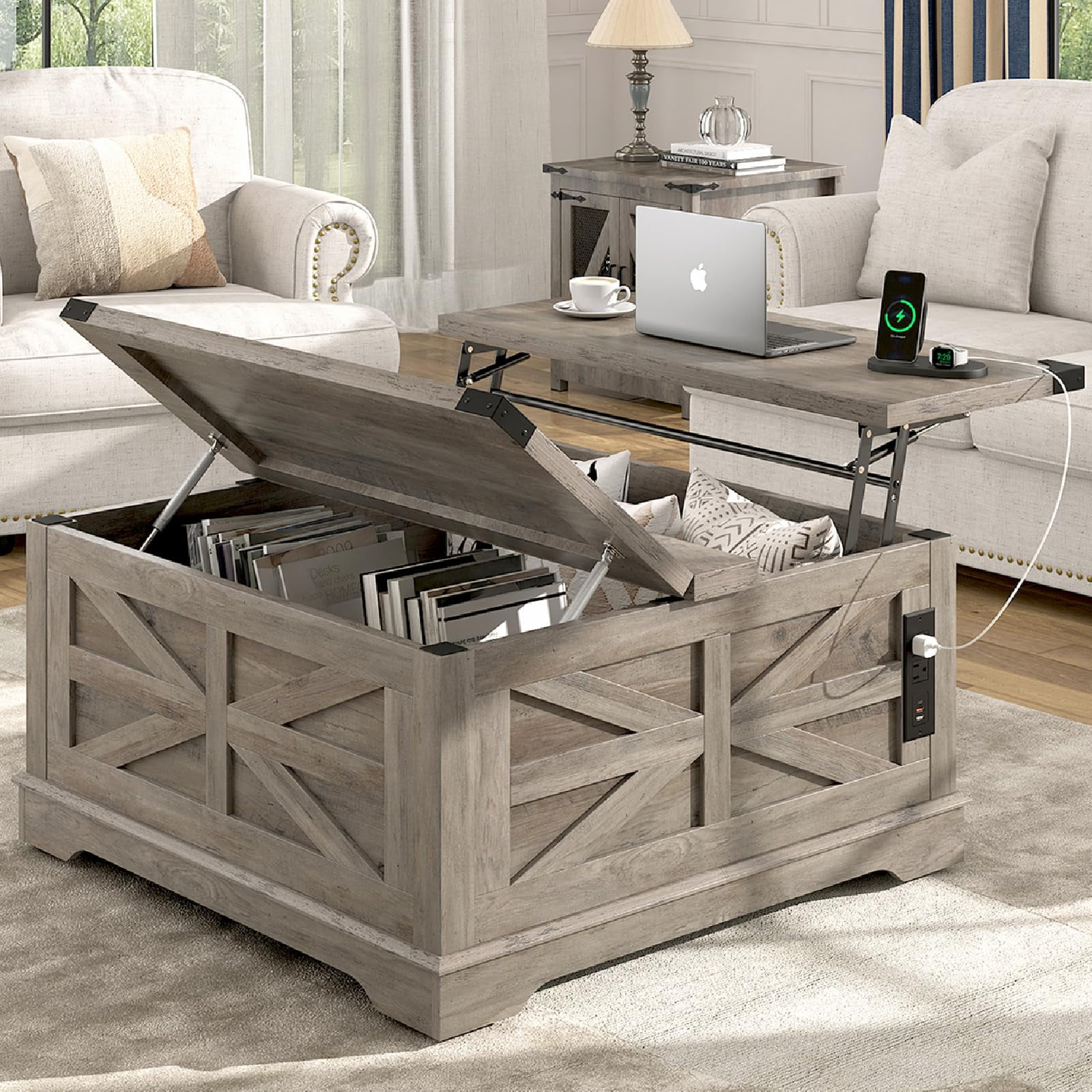 ANPOO 36” Square Lift Top Coffee Table with Power Outlets & Movable ...