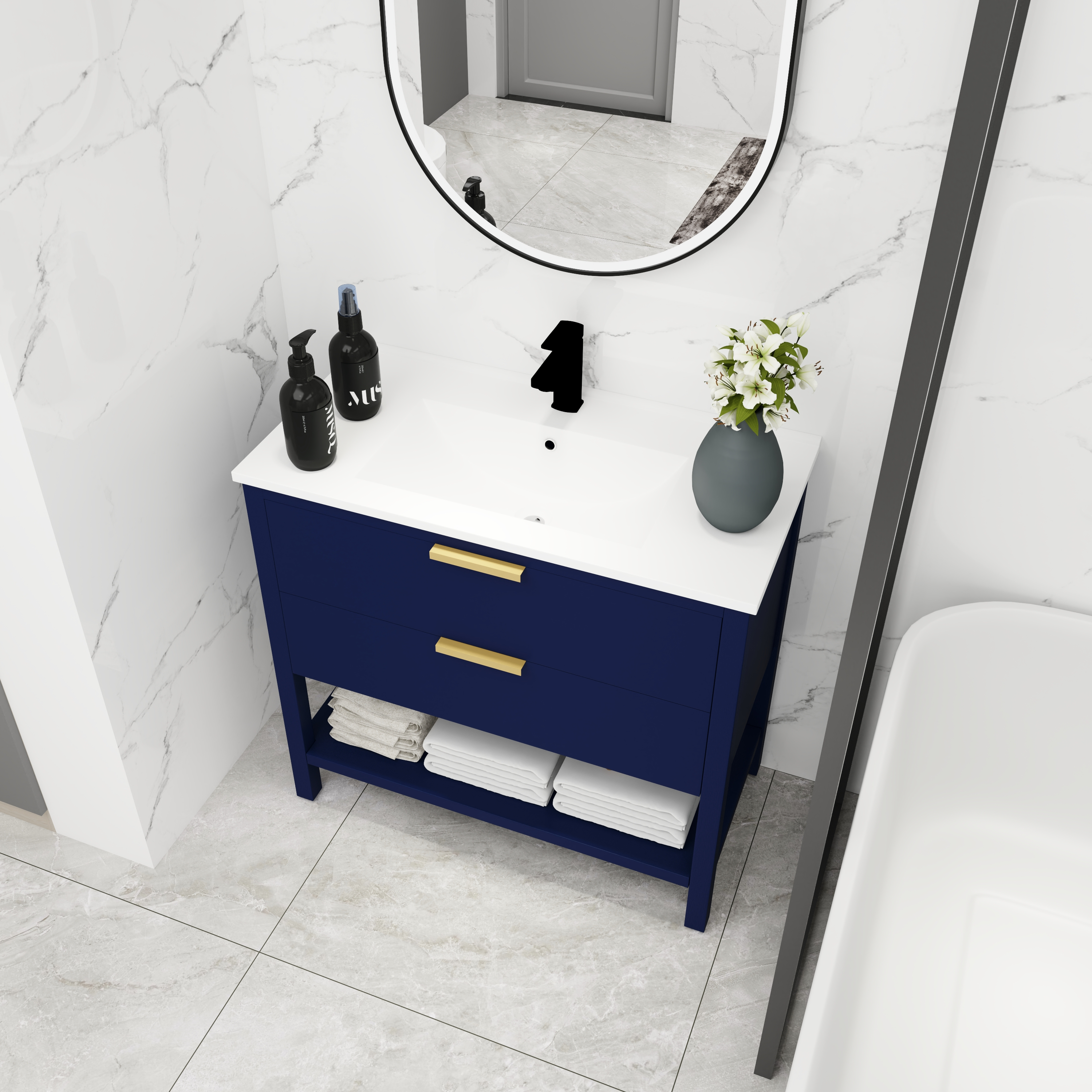 36" Navy Blue Freestanding Bathroom Vanity with 2 Drawers, Plywood ...