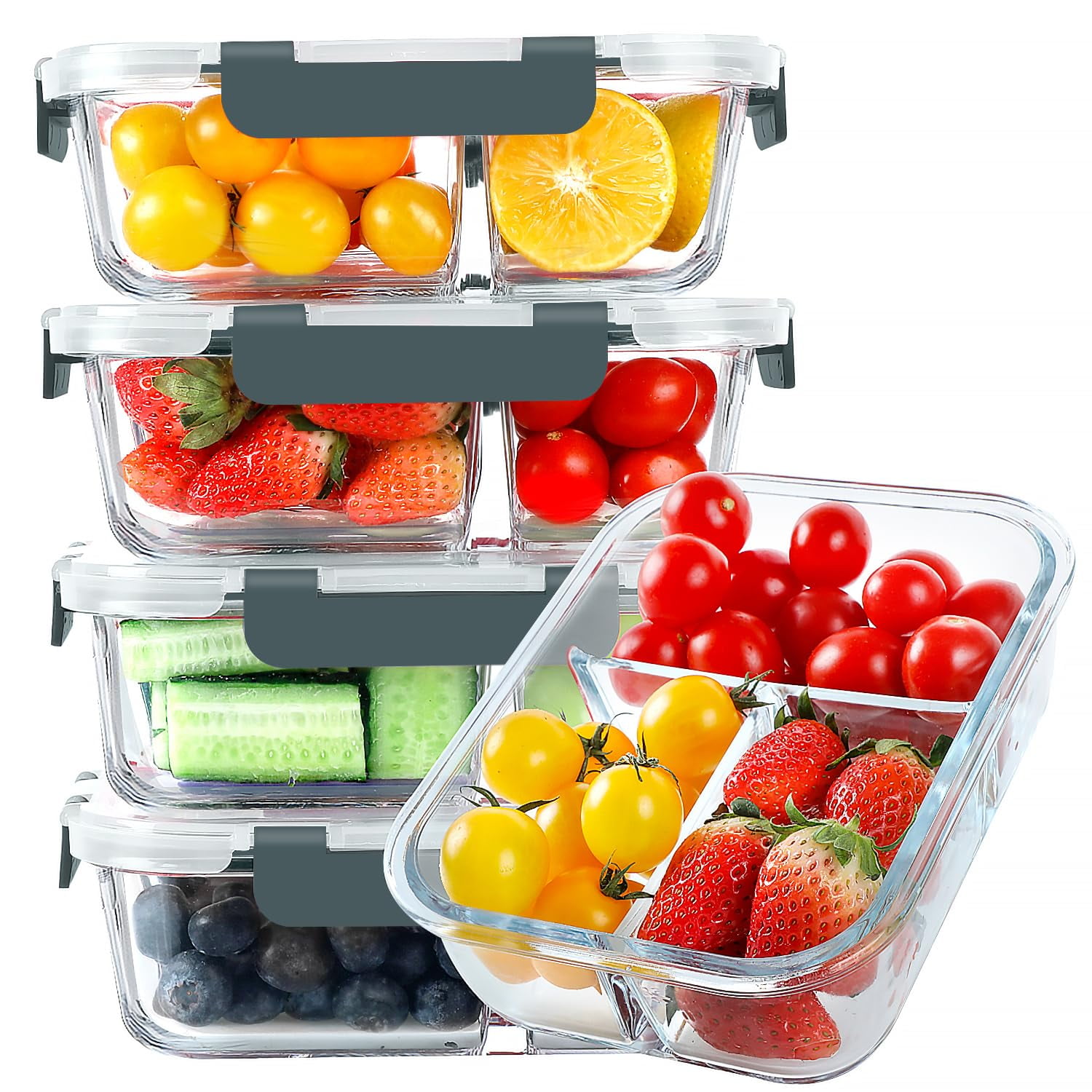 36 Oz 3 Compartment Glass Food Storage Jars Gray 5 Pack Meal Prep Bento ...