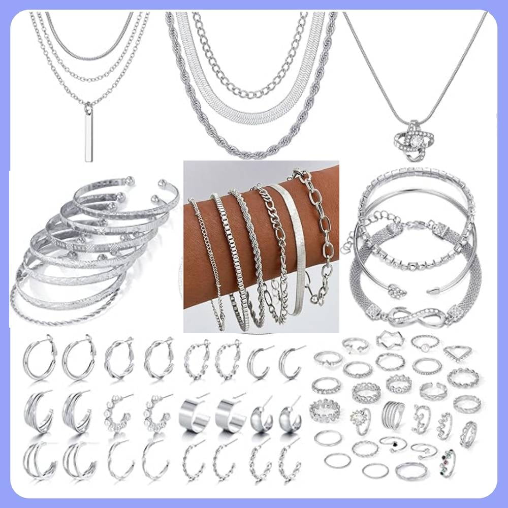 36 PC Silver Plated Jewelry Set With 3 Necklace, 7 Ear Cuffs Earring ...