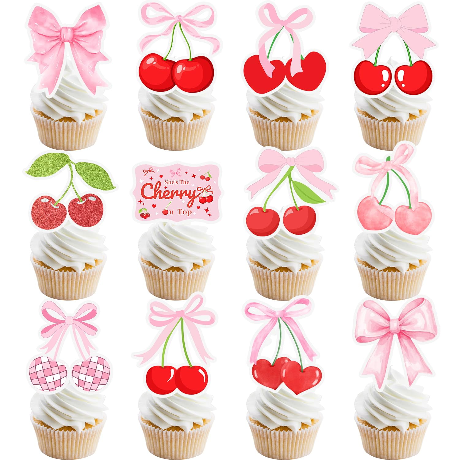 36 PCS CherryITSC Cake Cupcake Toppers, Cherry Birthday Party ...