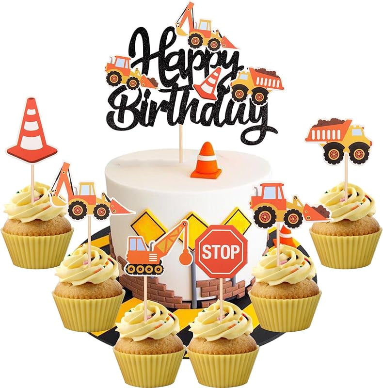36 PCS Construction Cupcake Toppers Stop Sign Dump Truck Excavator ...