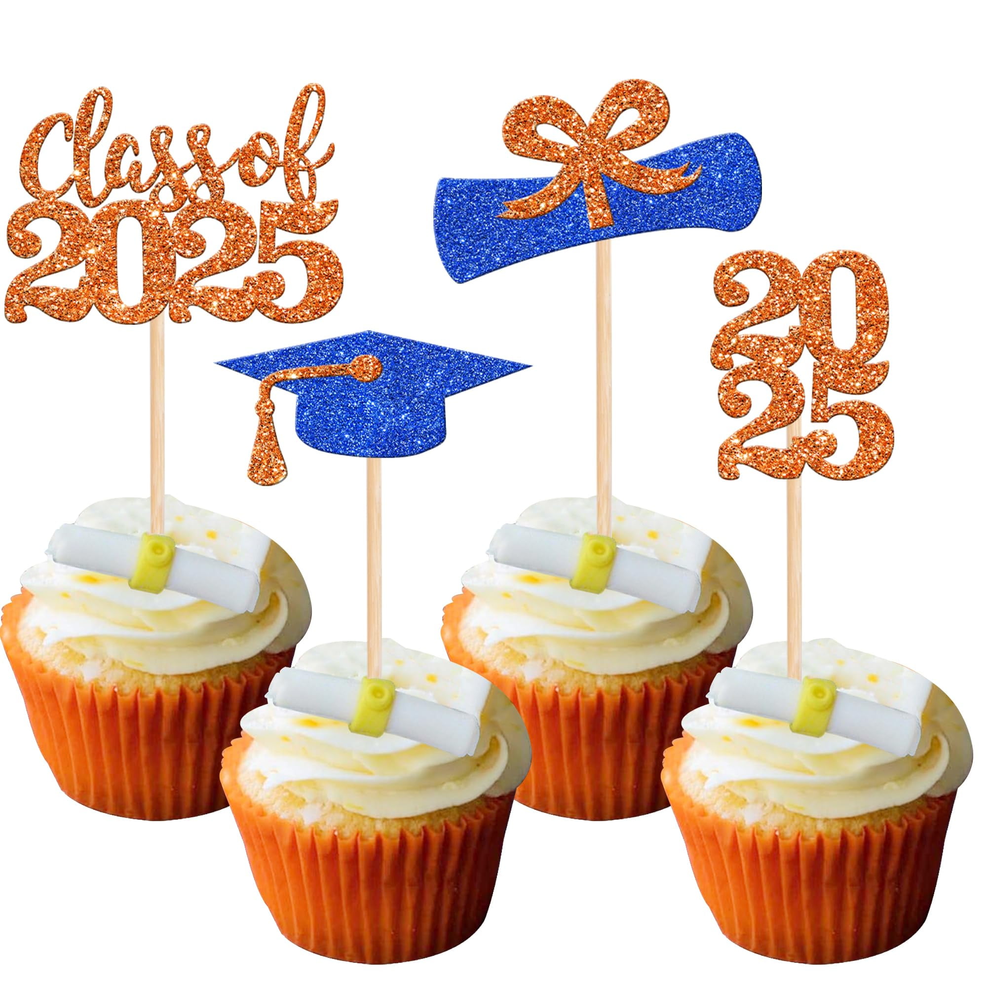 36 PCS Glitter 2025 Graduation Theme Cupcake Toppers Diploma Class of ...