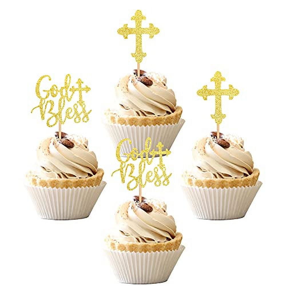 36 PCS God Bless .. and Baptism Cupcake Toppers .. Glitter Cross ...