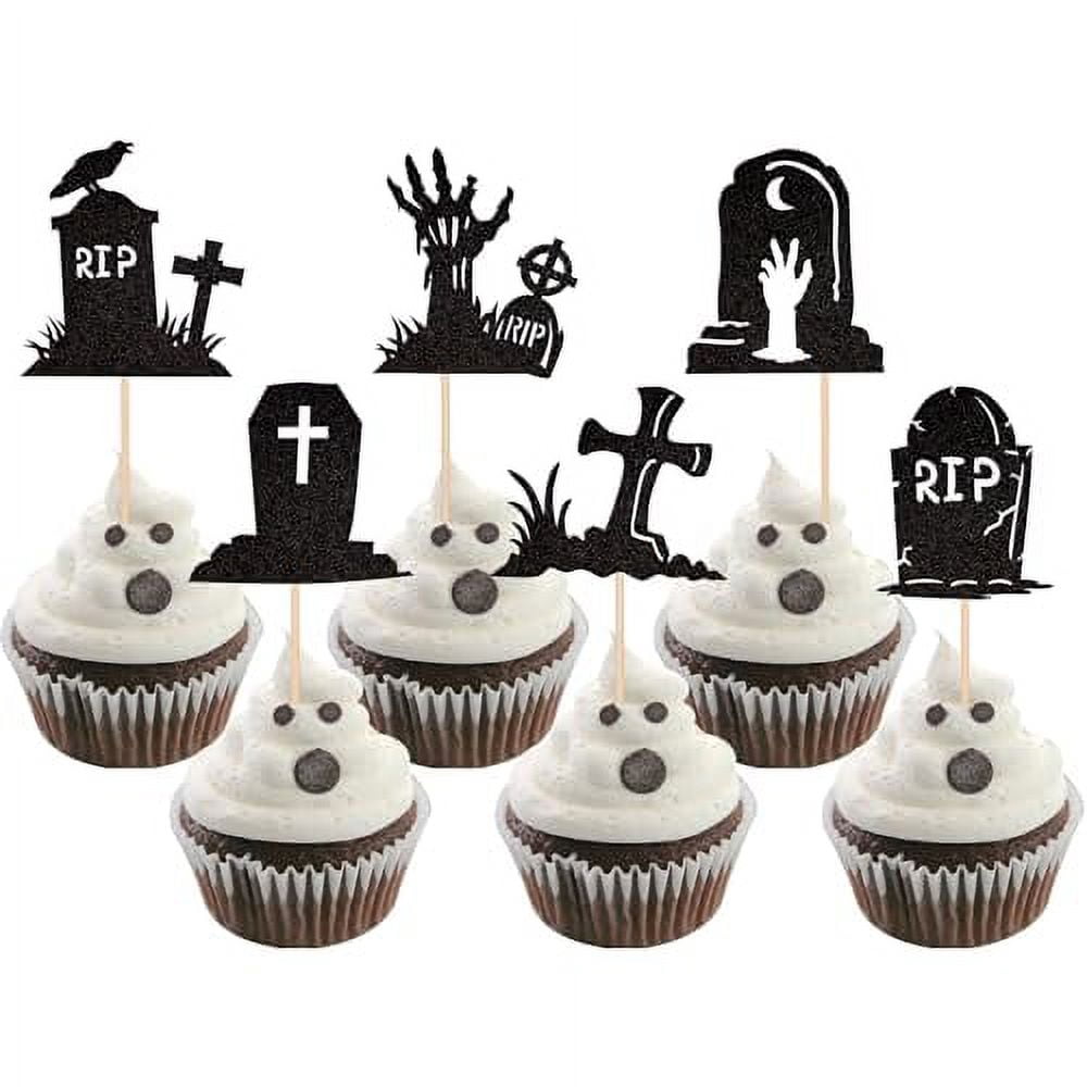 36 PCS Halloween Tombstone Cupcake Toppers Glitter RIP Cemetery Graves ...