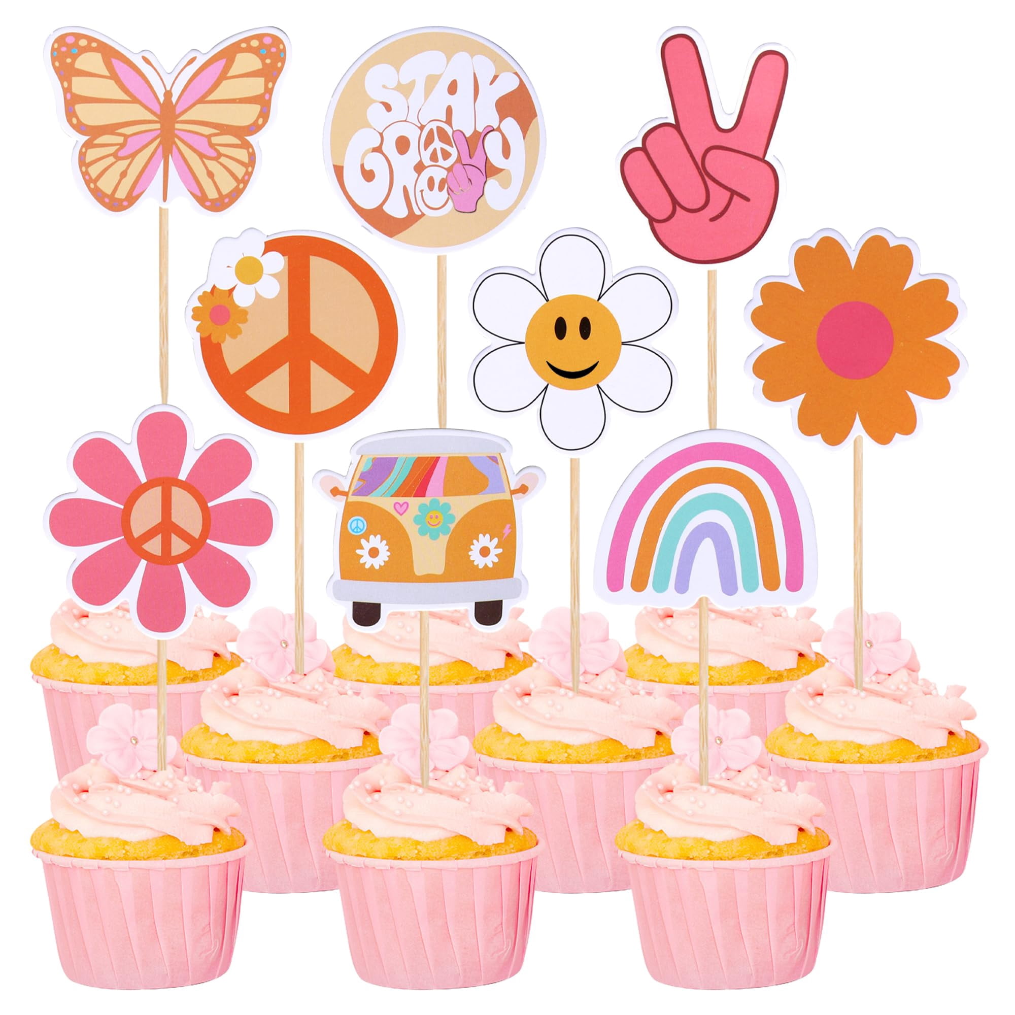 36 PCS Hippie Party RRF12 Cupcake Toppers Peace Butterfly Two Groovy ...