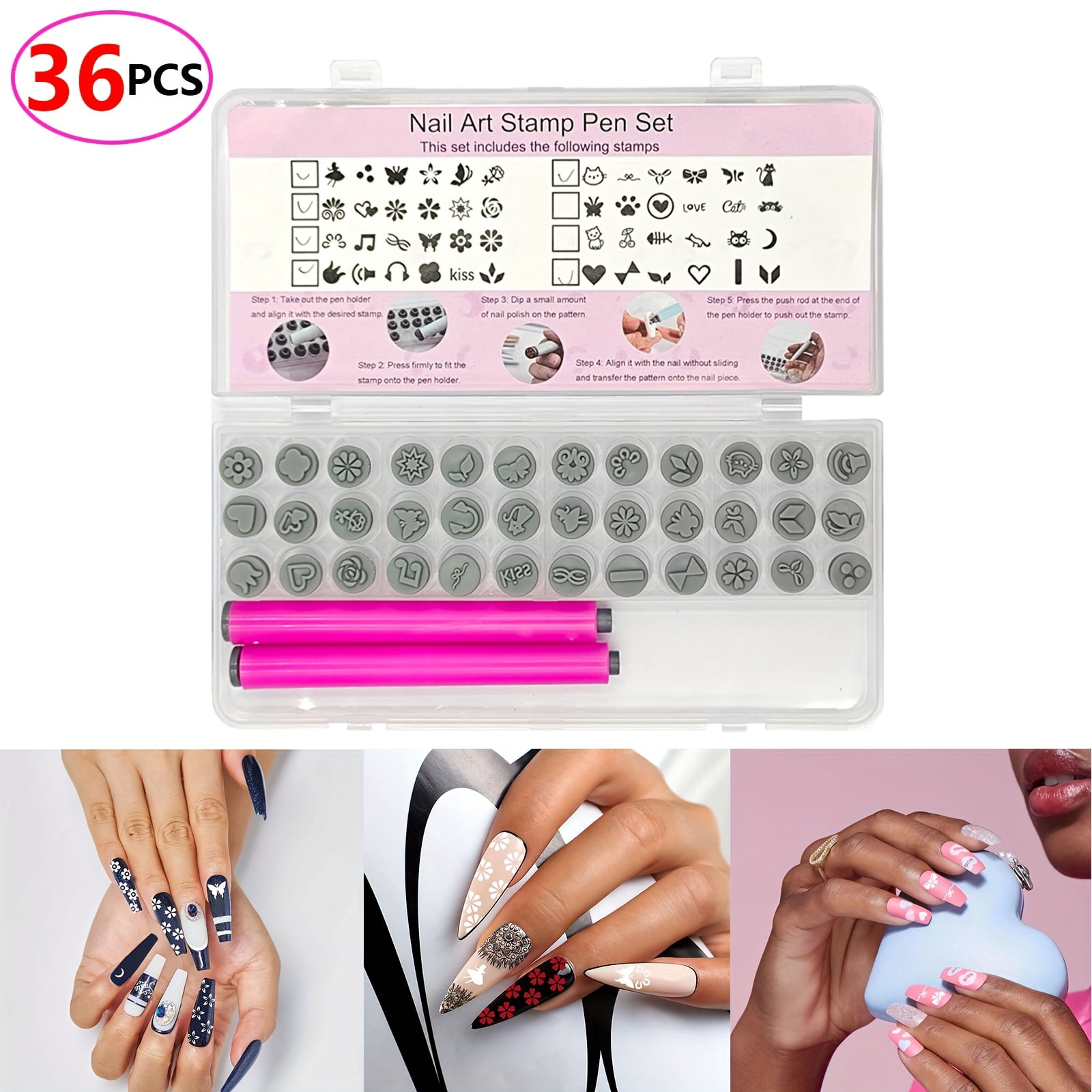36 PCS Nail Art Stamp Pen Set, easy DIY embellishment and drawing nail ...