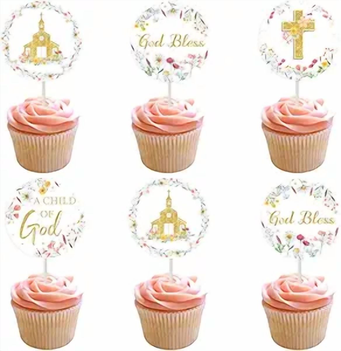 36 PCS Wild Flower Baptism Cupcake Toppers for Girls, God Bless Cross ...