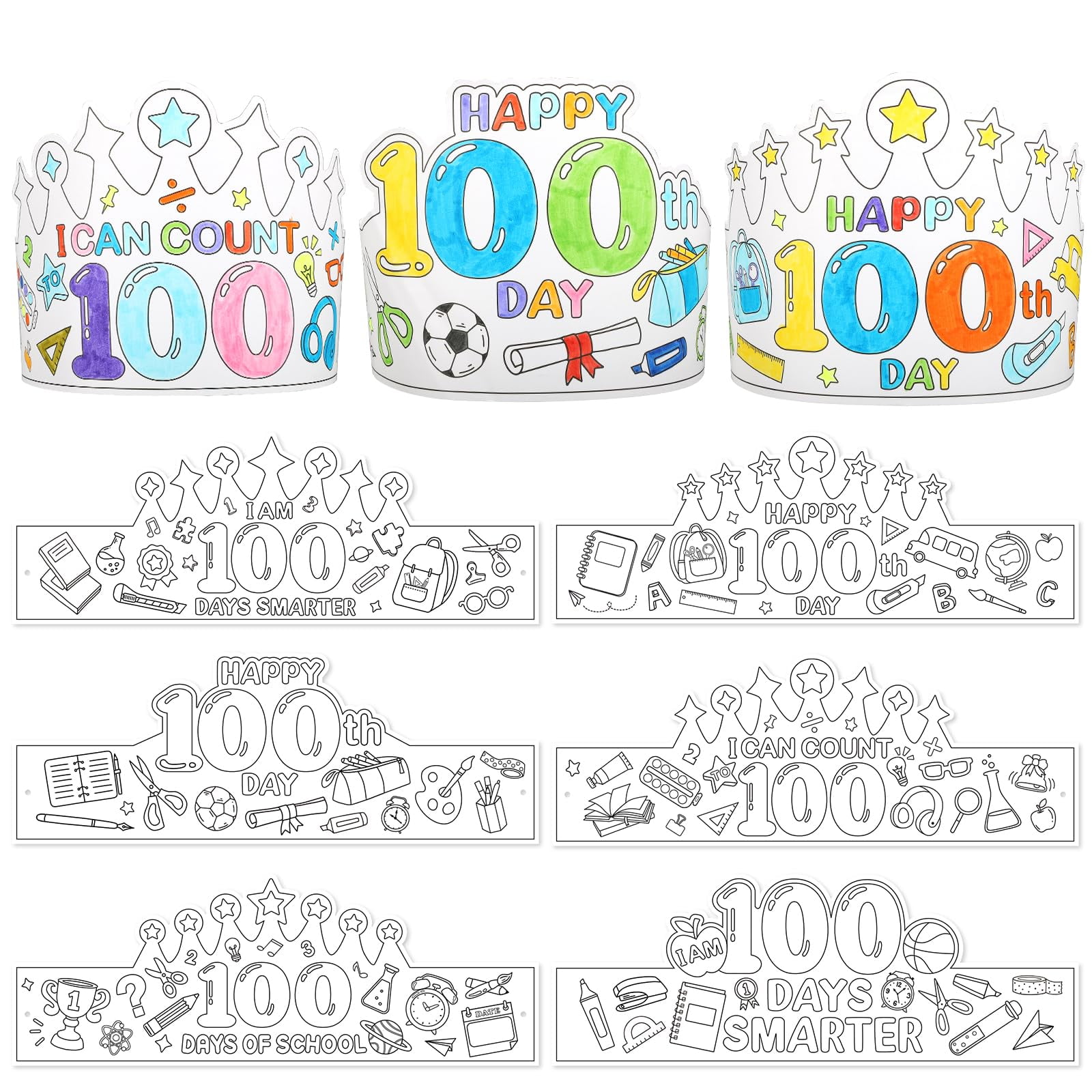 36 Pack 100th Day of School Paper Crowns Color Your Own Crafts Gifts ...