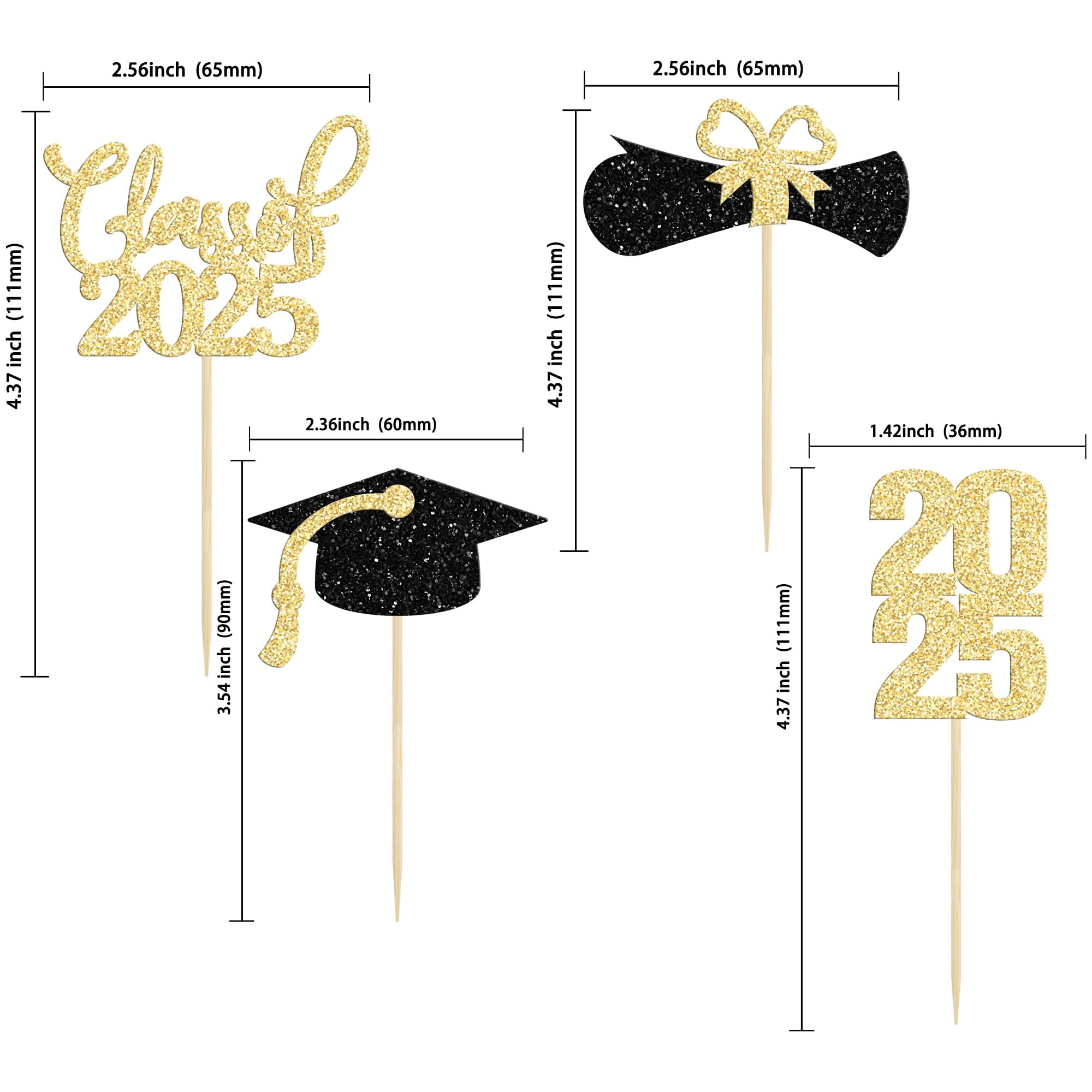 36 Pack 2025 AJH3 Graduation Cupcake Toppers Glitter Class of 2025 ...