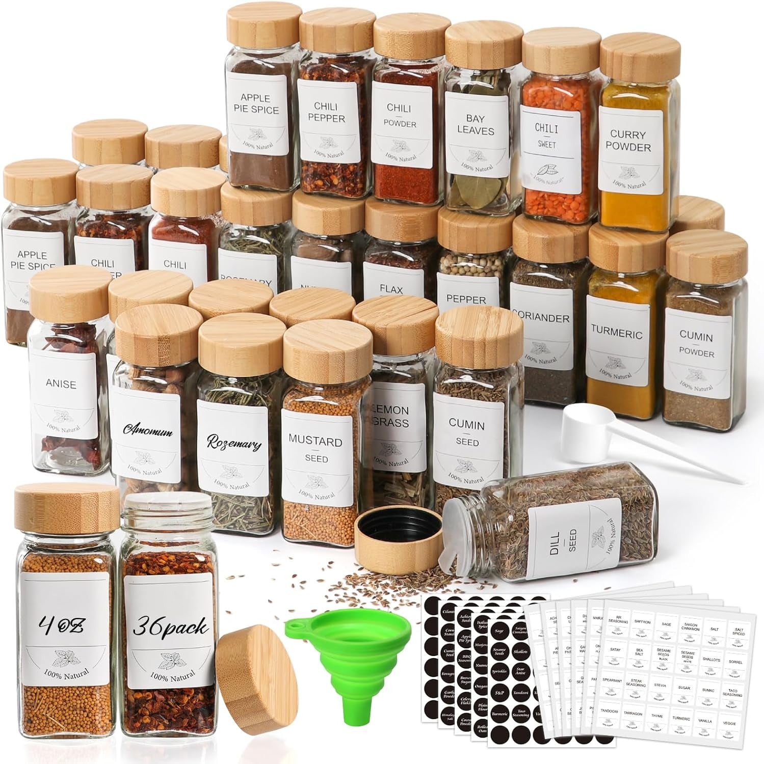 36 Pack 4 Oz Glass Spice Jars with Bamboo Lids, Empty Square Spice ...