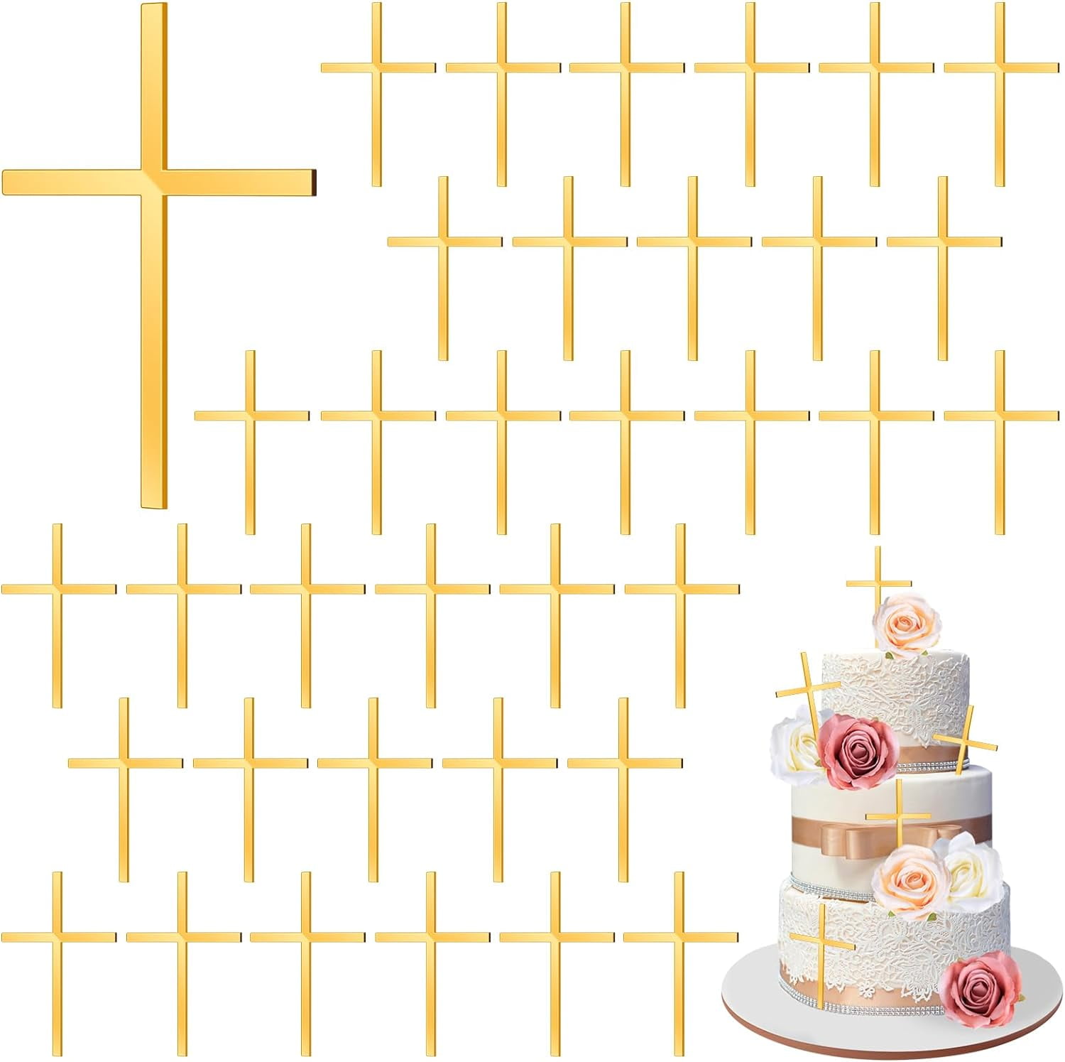 36-Pack Acrylic Cross Cake Toppers – Gold Religious Cupcake Decorations ...