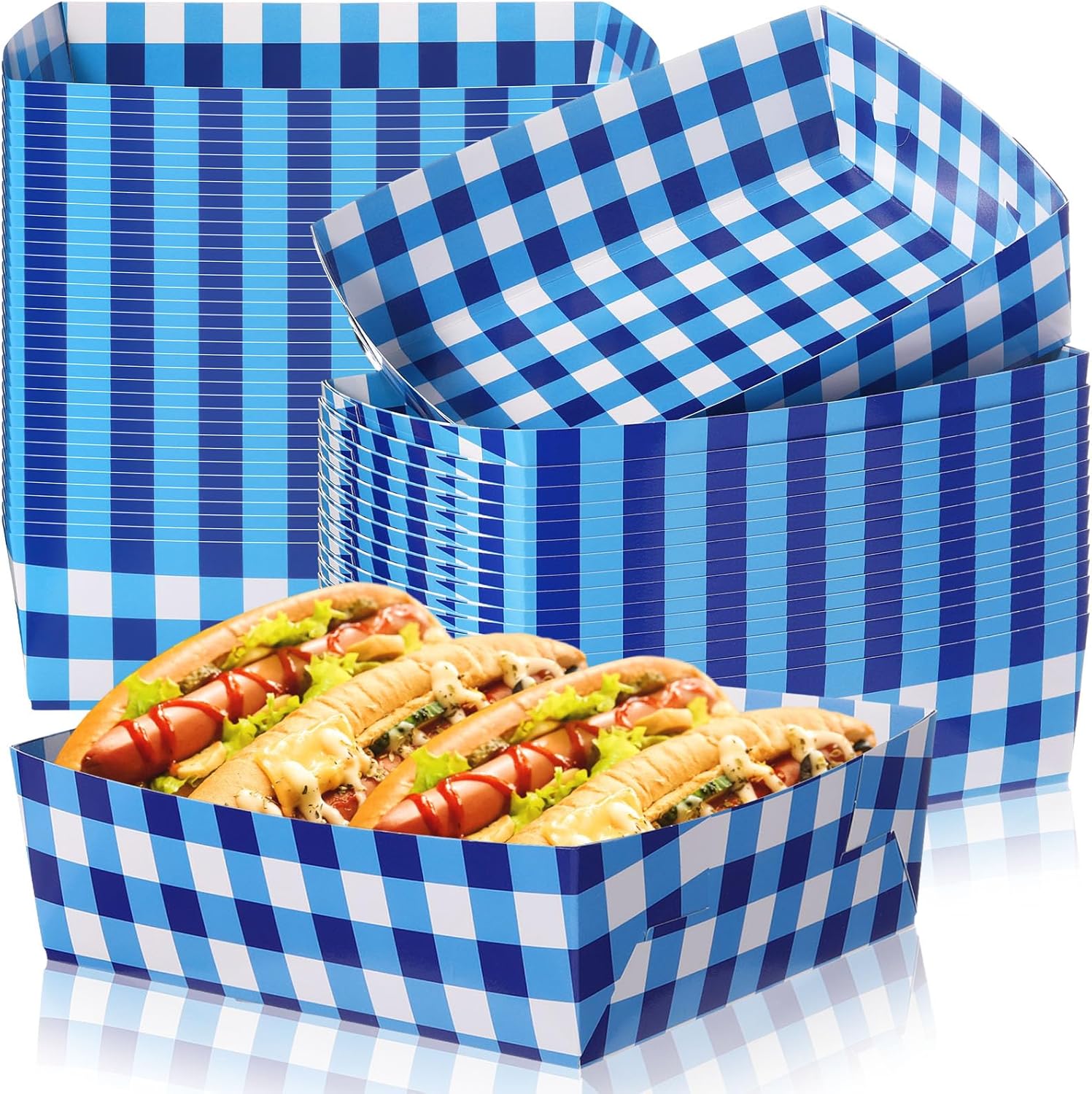 36 Pack Blue and White Gingham Paper Trays 5 lb Grease Resistant Large ...