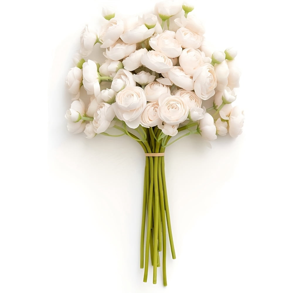 36-Pack Bulk Artificial Ranunculus Flowers – Realistic White & Green ...