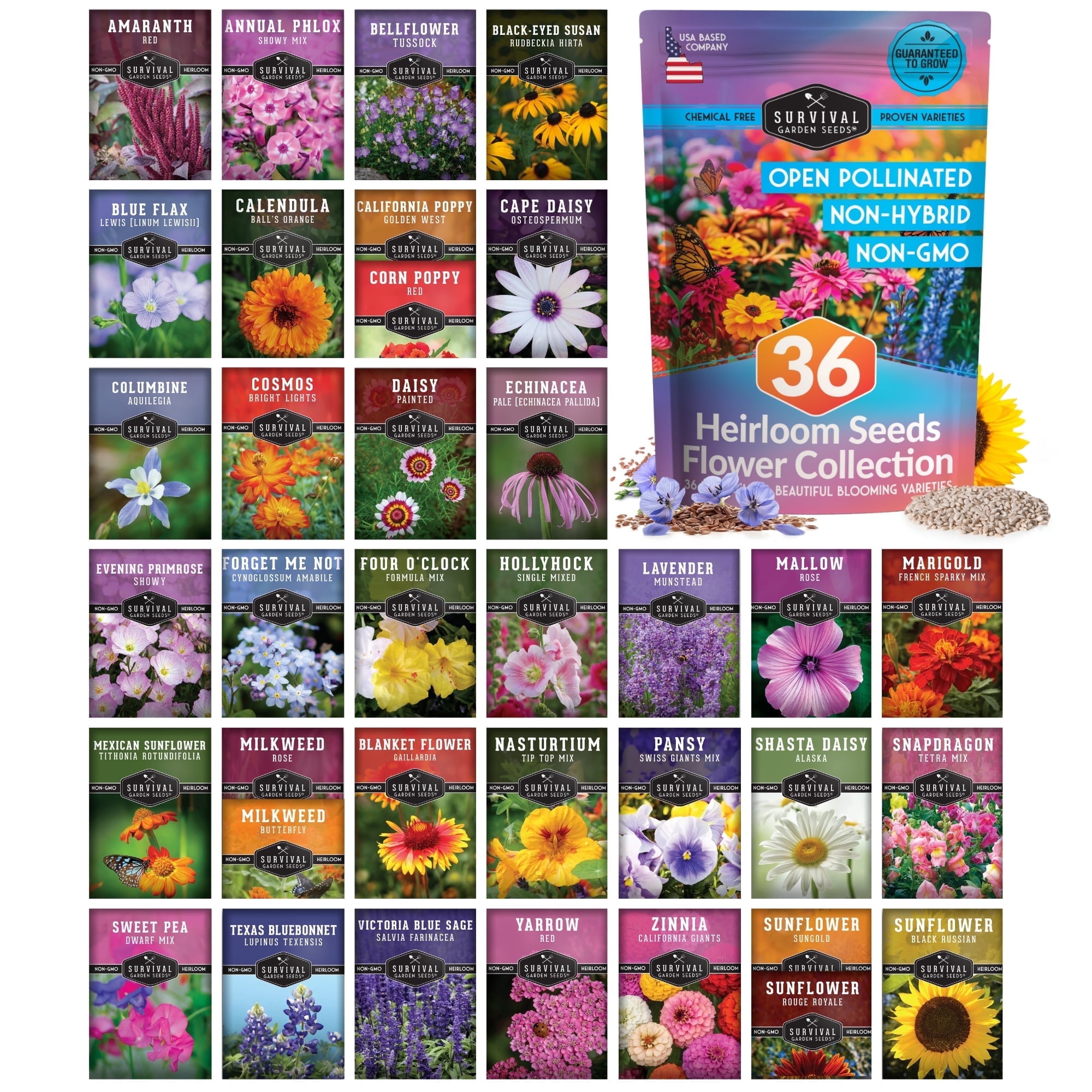36 Pack Functional Flower Seeds - Non-GMO Full Sun, Includes Annual ...