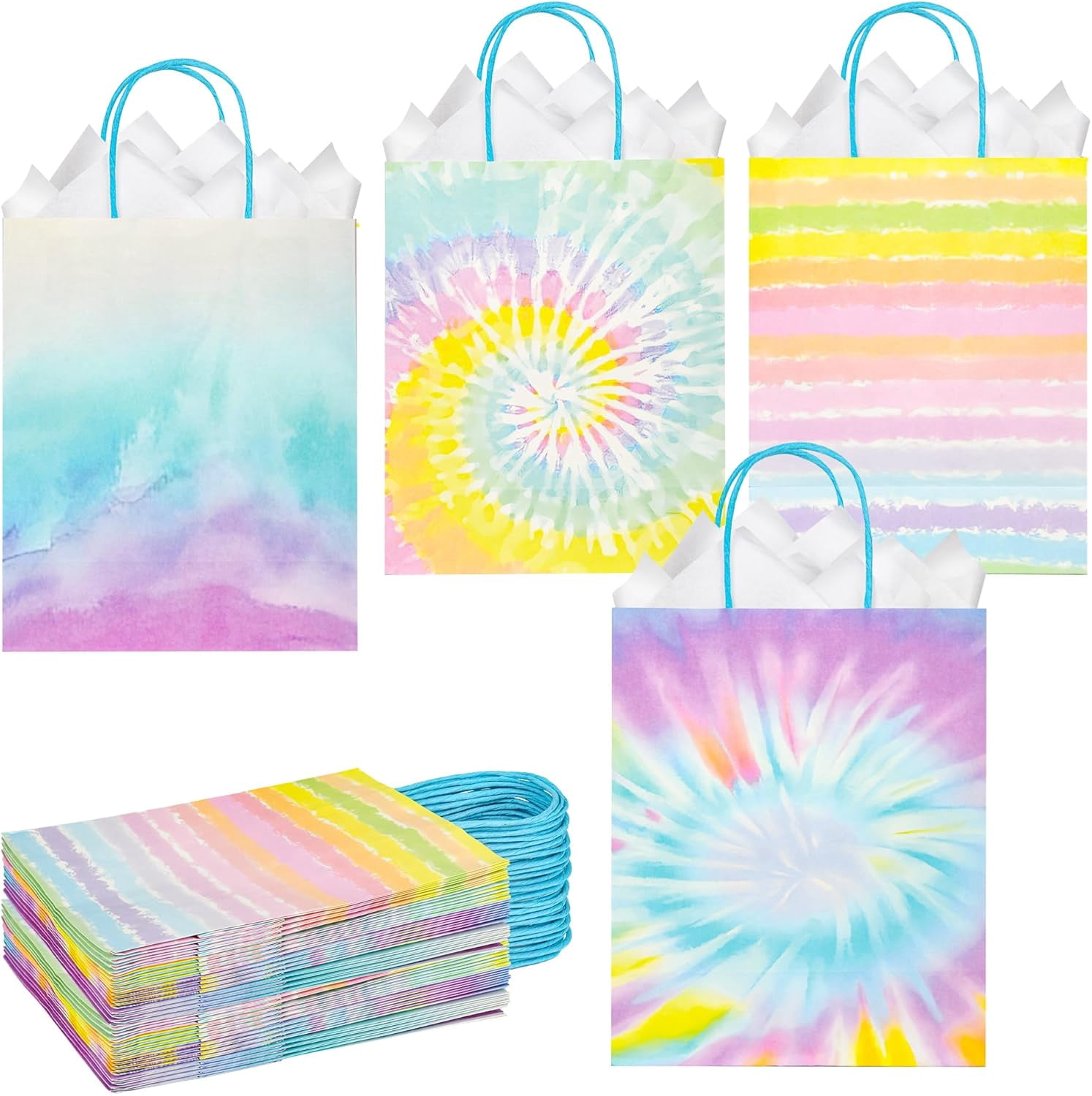 36 Pack Medium Tie Dye Pastel Gift Bags with Handles (Multicolor ...